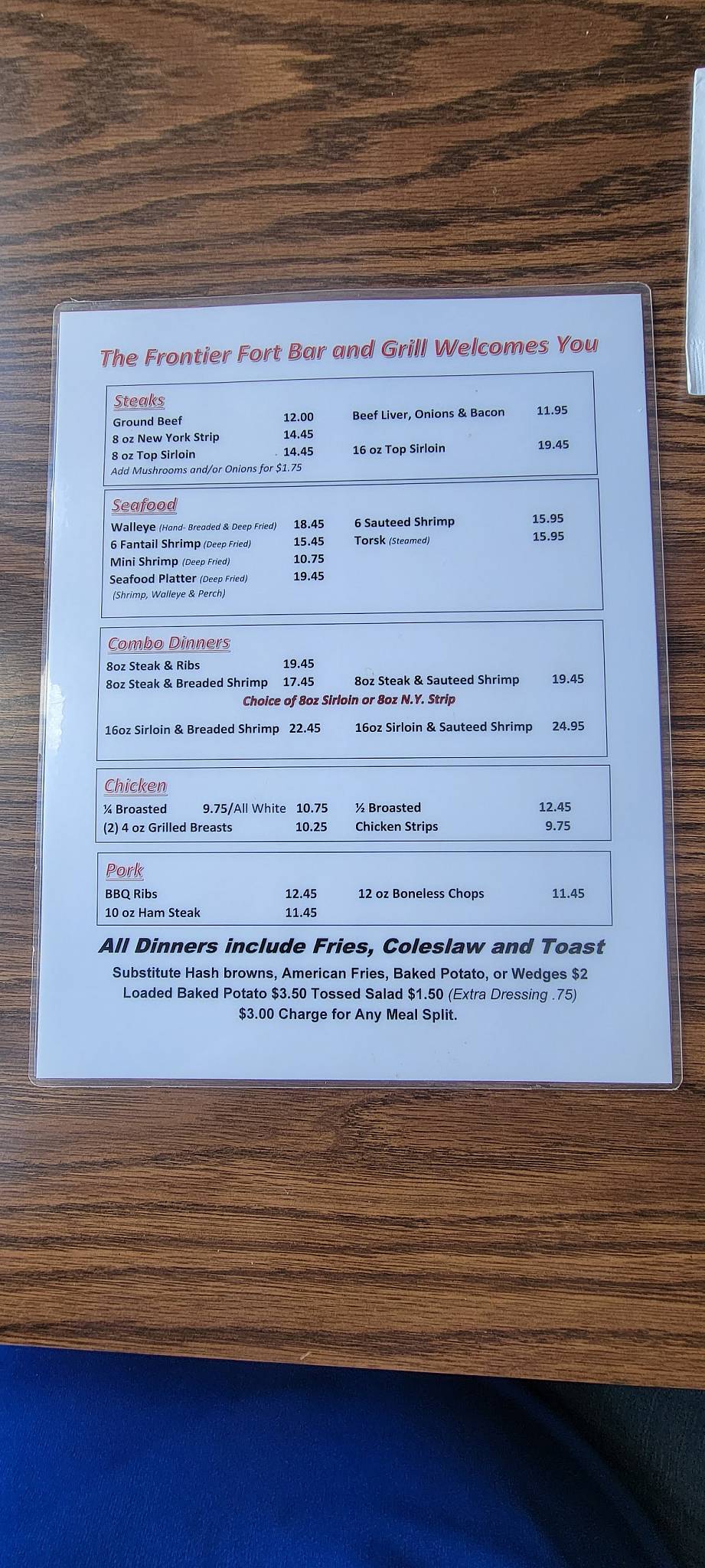 Menu at Frontier Fort Camp Ground Bar & Grill & Gift Shop, Jamestown