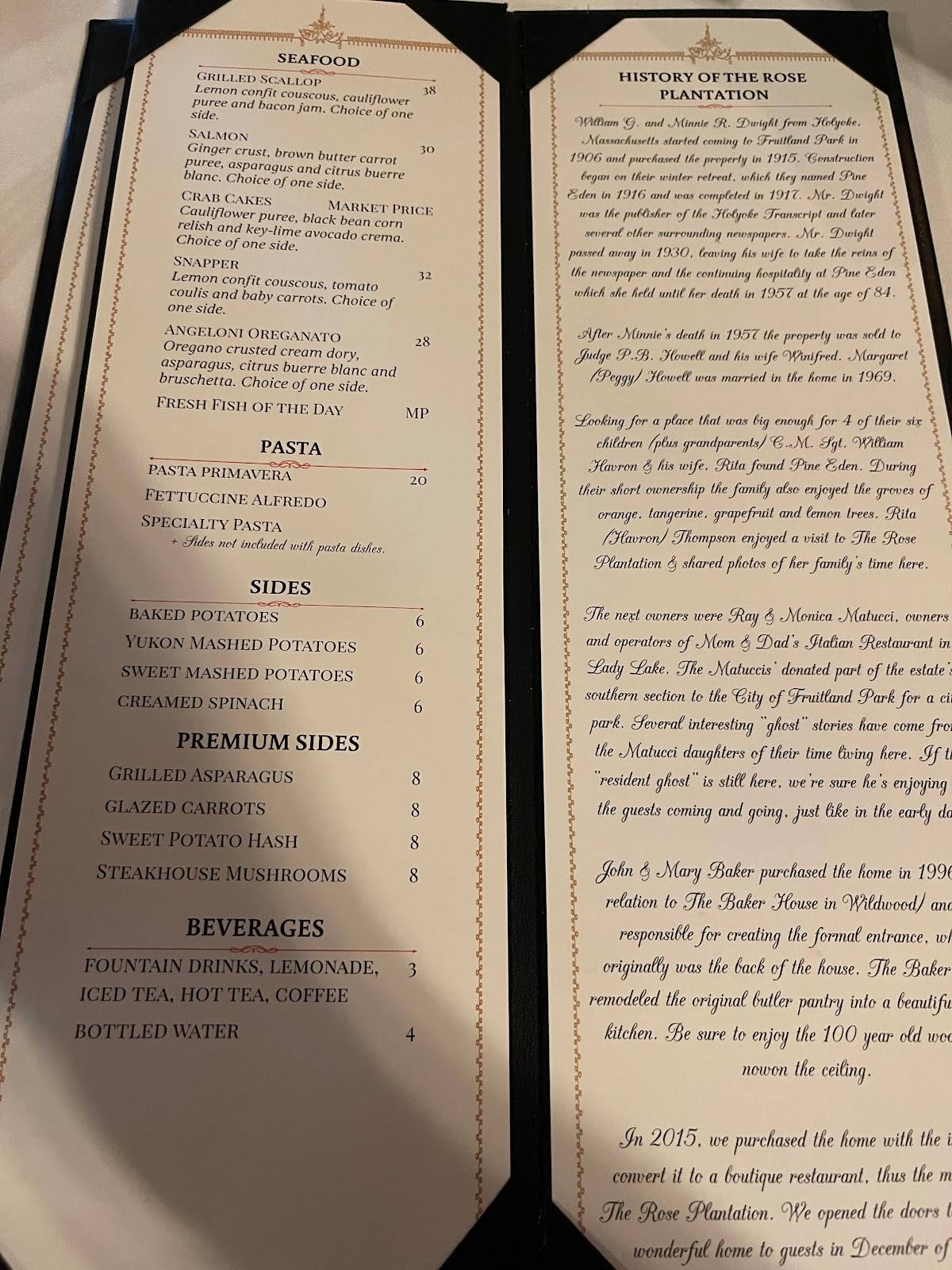Carta del restaurante The Rose Plantation, Fruitland Park