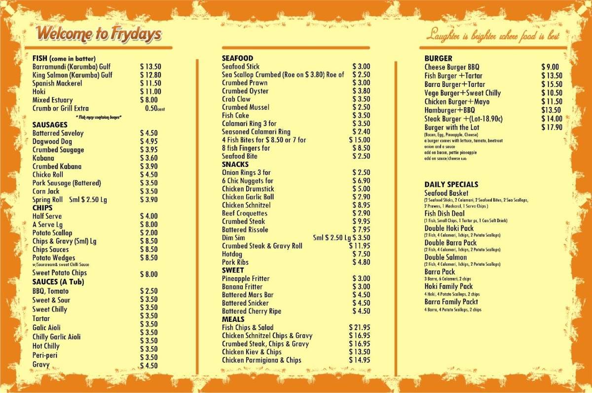 Menu at Frydays Fish Inn restaurant, Mount Isa