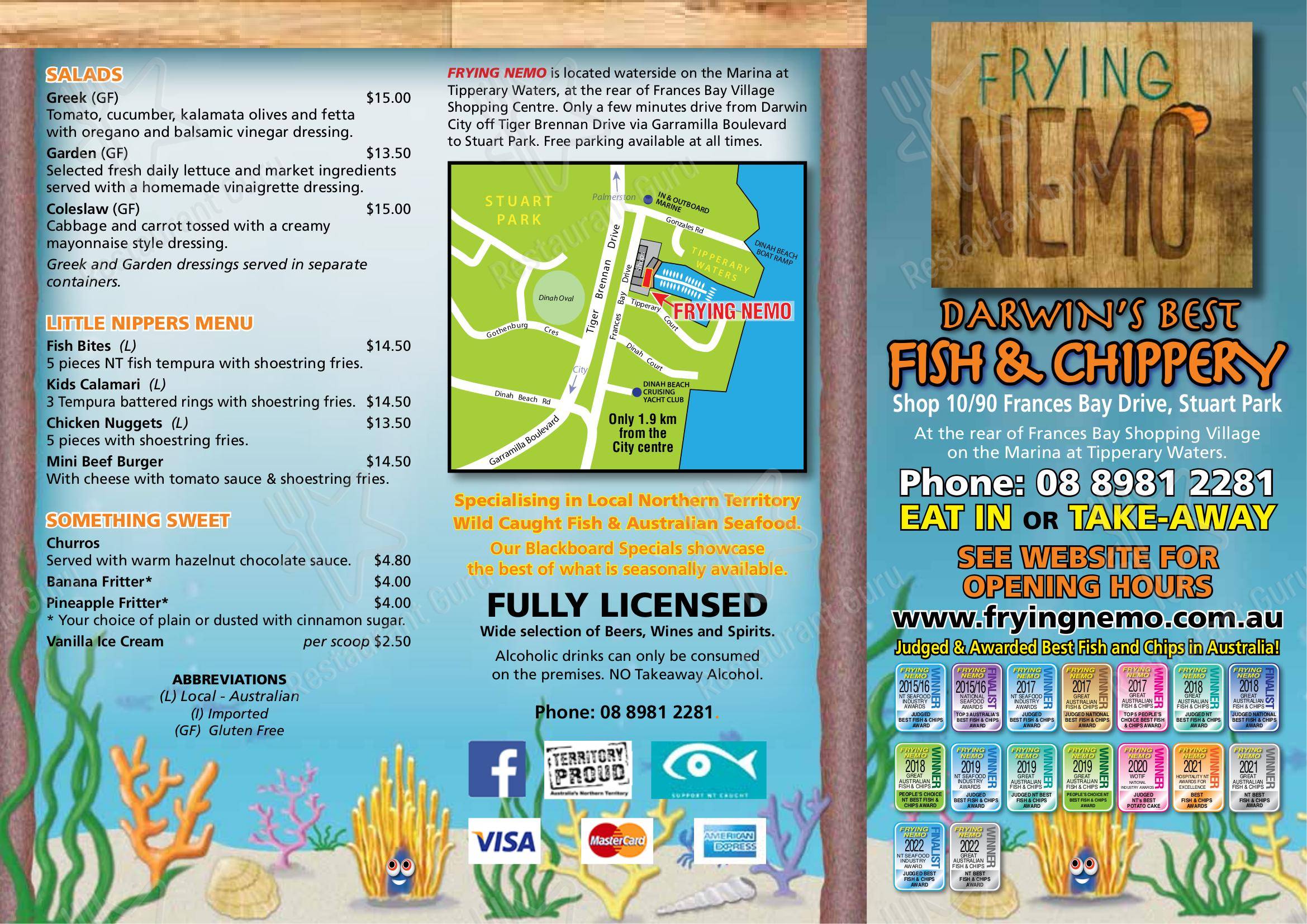 Menu at Frying Nemo restaurant, Stuart Park