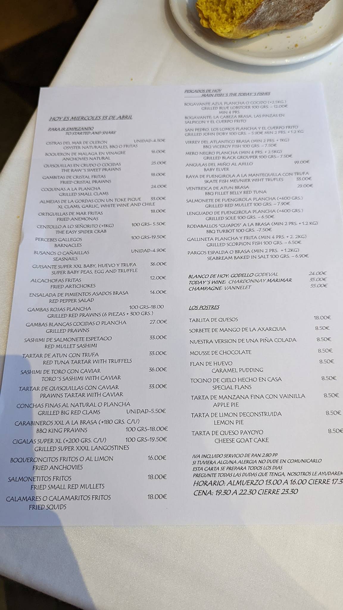 Carta del restaurante Marisquería Los Marinos Jose, Fuengirola