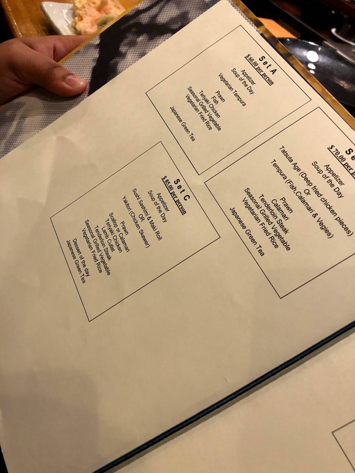 Menu at Fuji Teppanyaki restaurant, Moonee Ponds