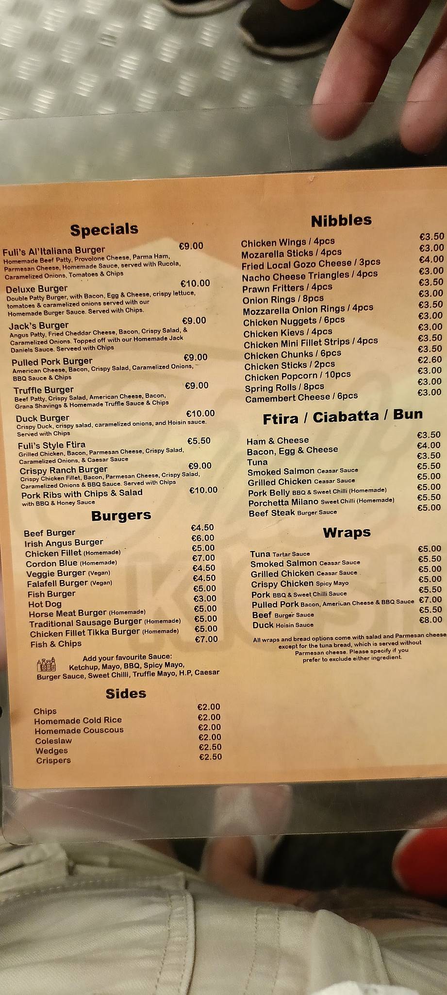 Menu at Fuli Kiosk restaurant, Ghajnsielem