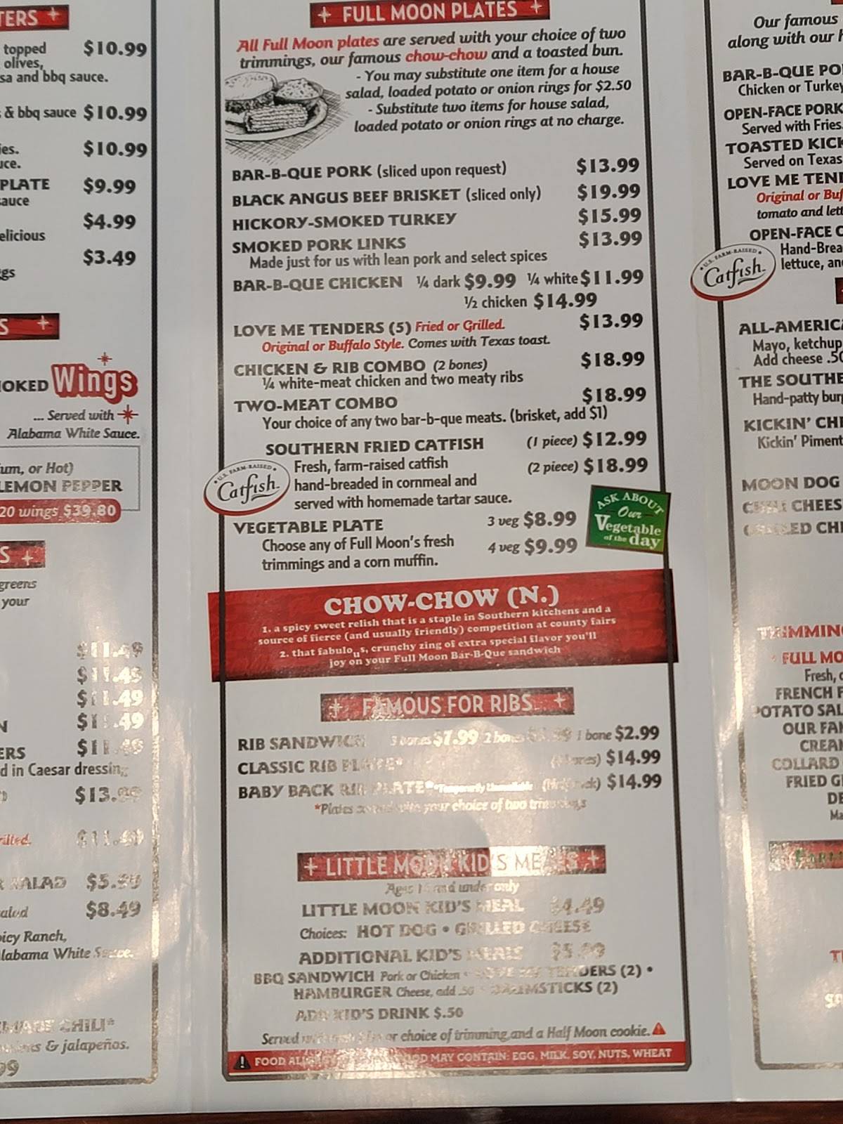 Menu at Full Moon BBQ, Huntsville