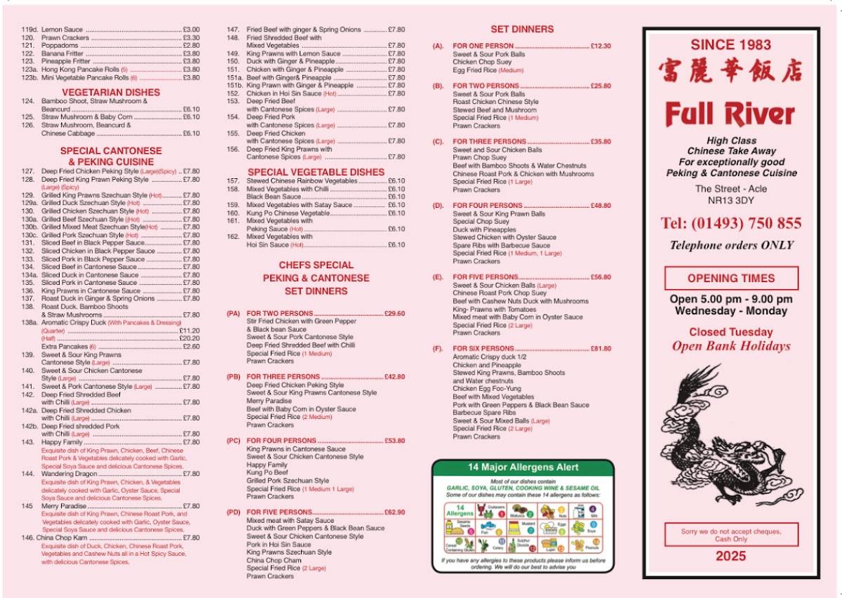 Menu at Full River fast food, Acle