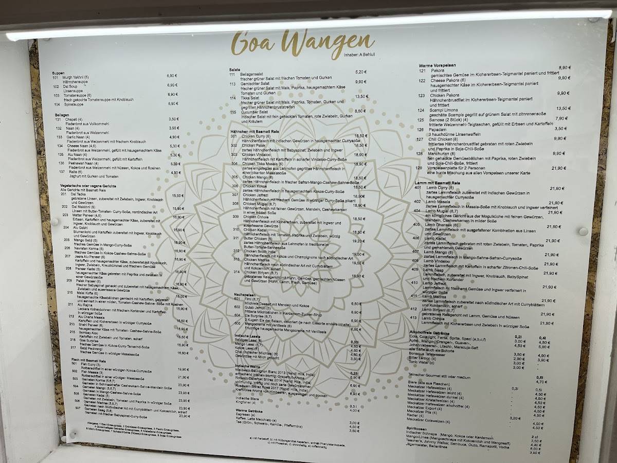 Menu at GOA Wangen restaurant, Wangen im Allgäu