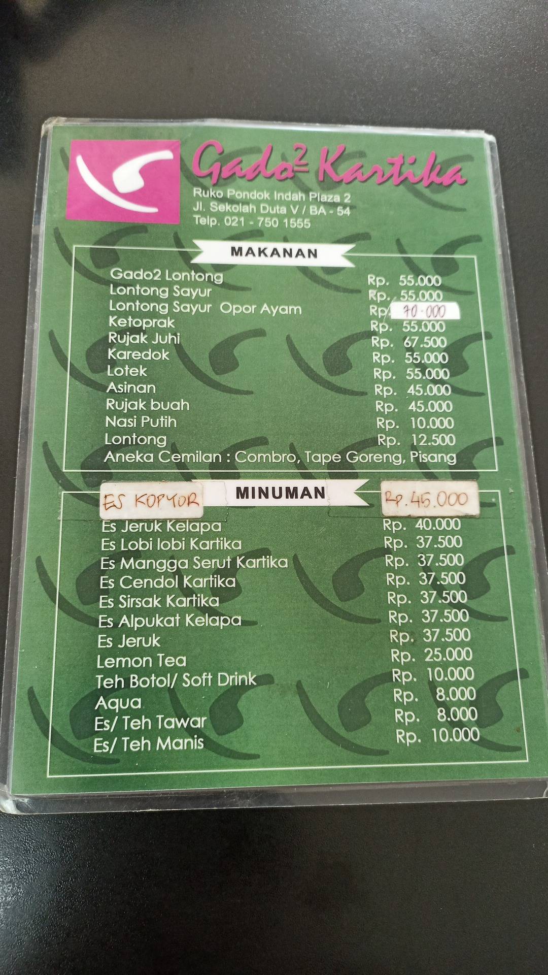 Menu at Gado-Gado Kartika restaurant, South Jakarta, Jl. Sekolah Duta V