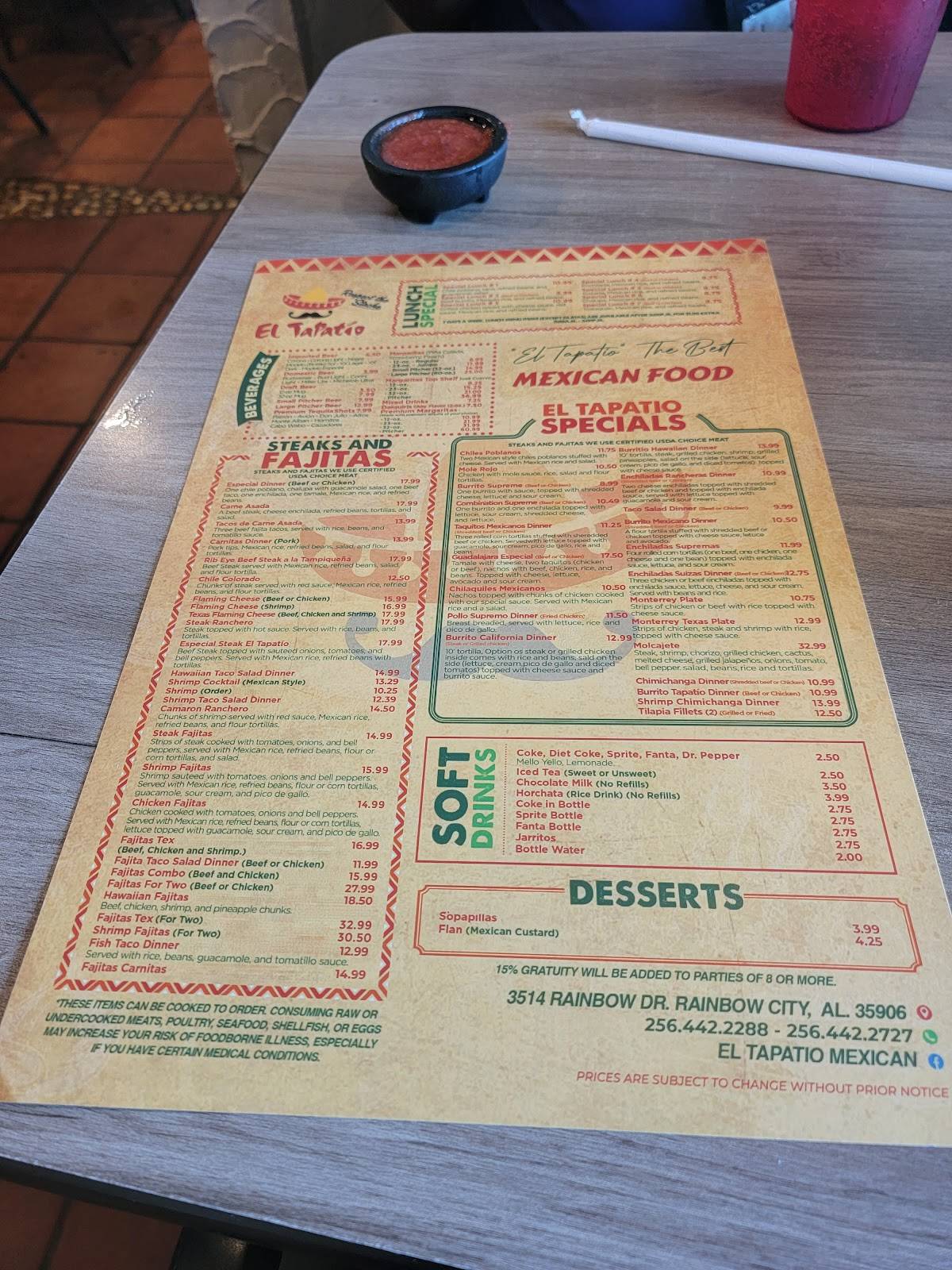 Menu at El Tapatio Mexican Restaurant, Rainbow City