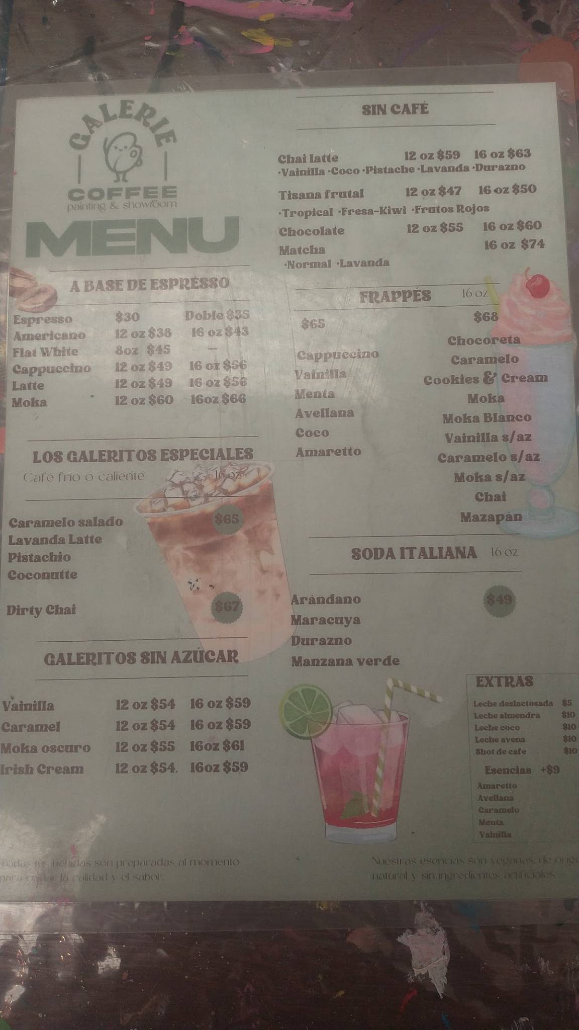 Carta del café Galerie Coffee, Durango