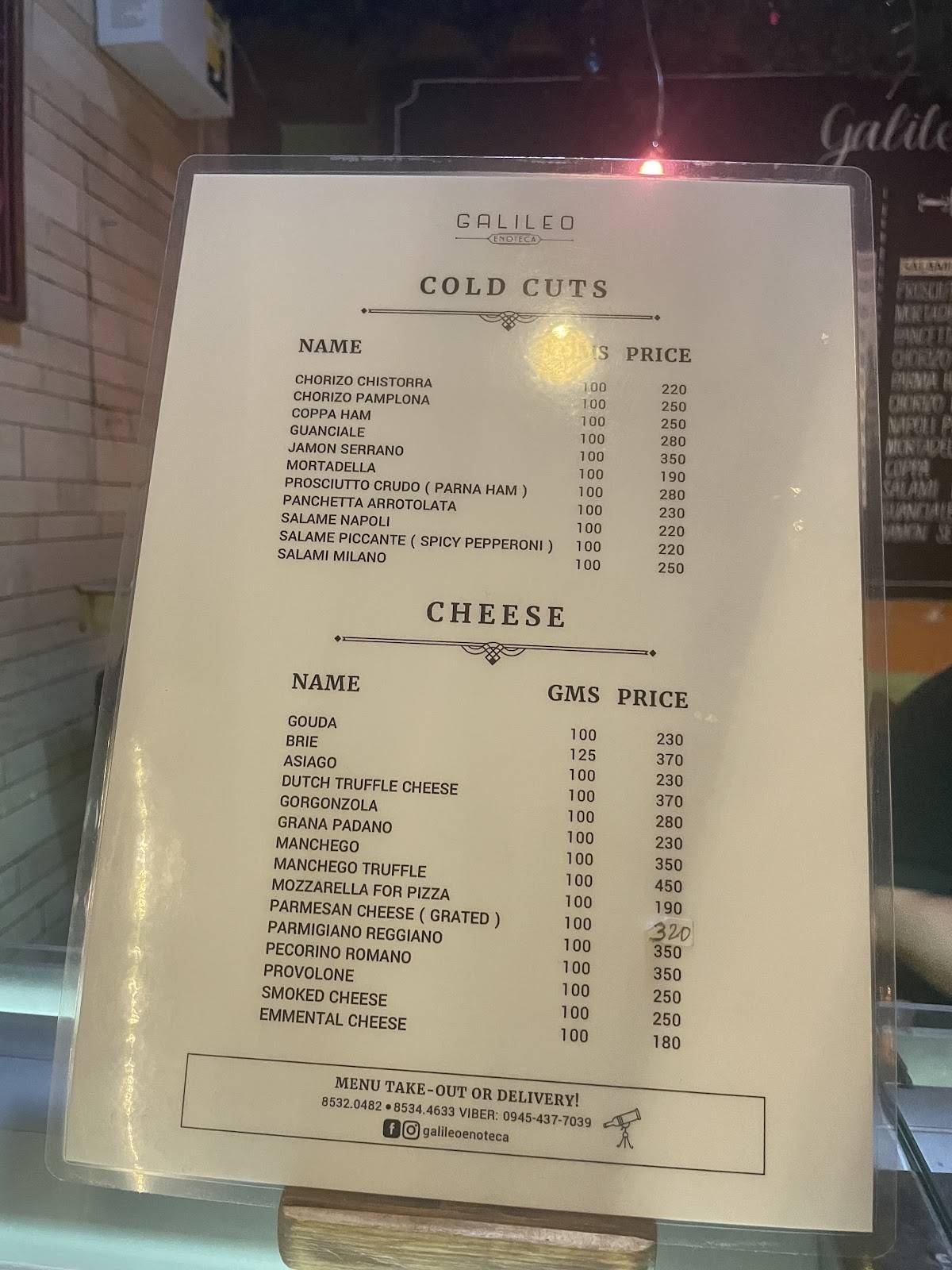 Menu at Galileo Enoteca Deli restaurant, Mandaluyong