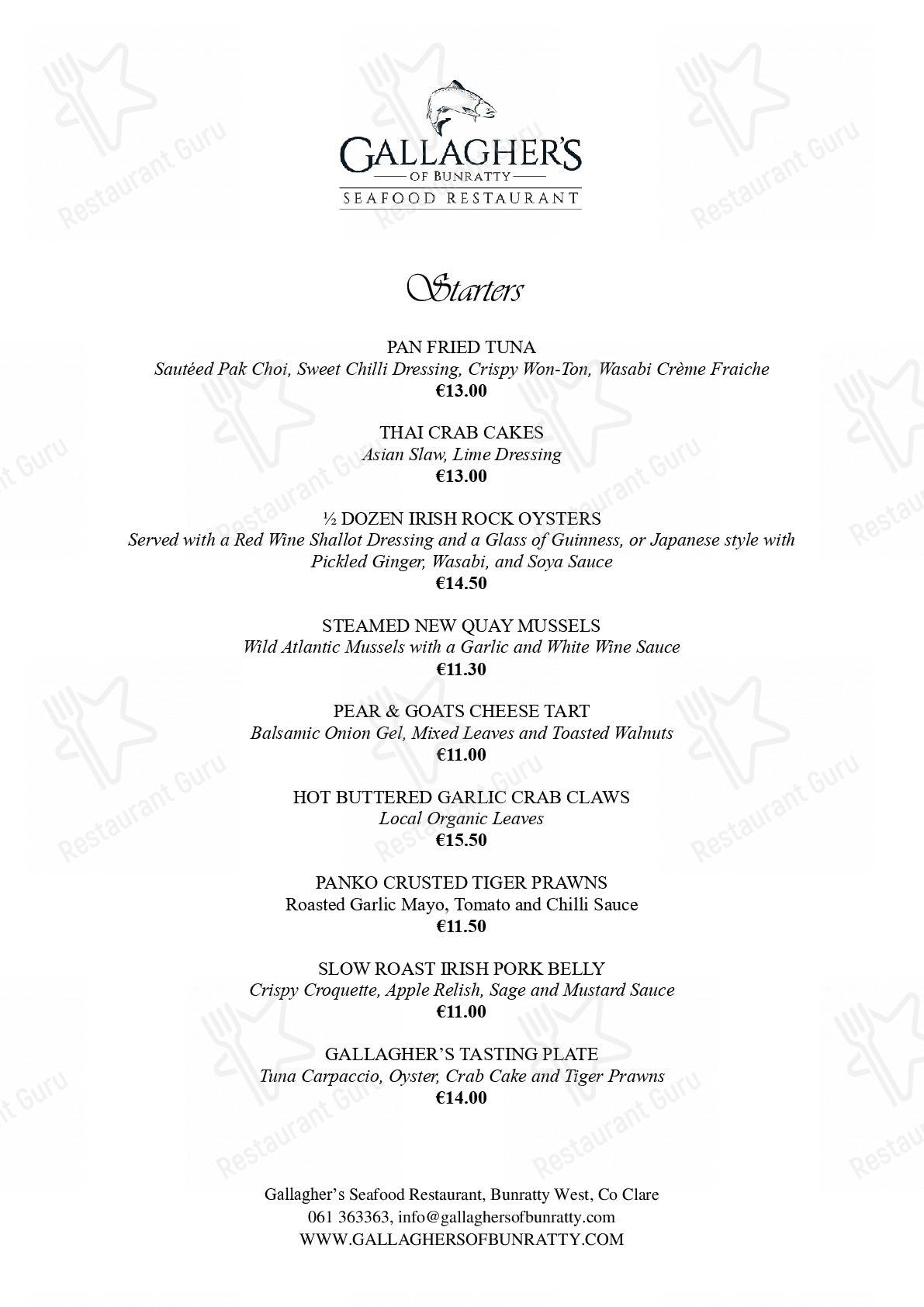 Menu at Gallagher's of Bunratty restaurant, Bunratty