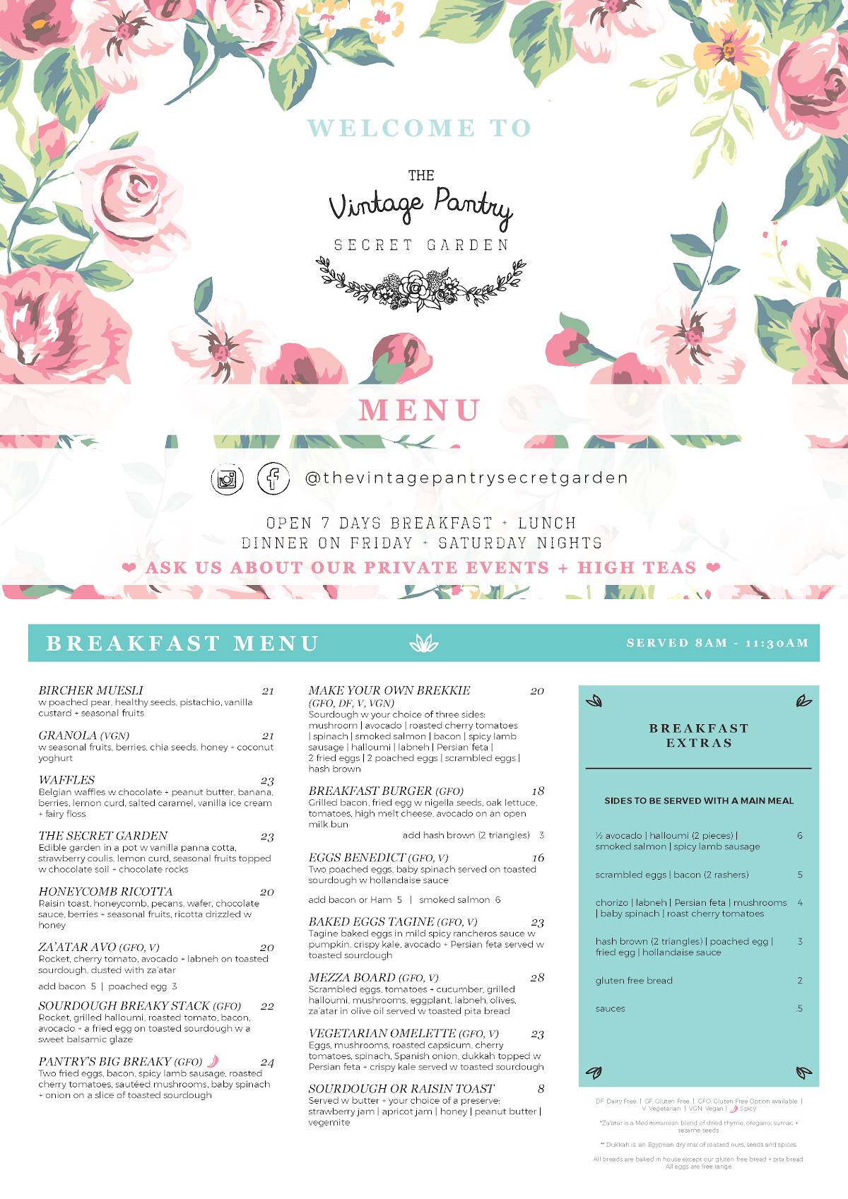 Menu at The Vintage Secret Garden restaurant, Galston