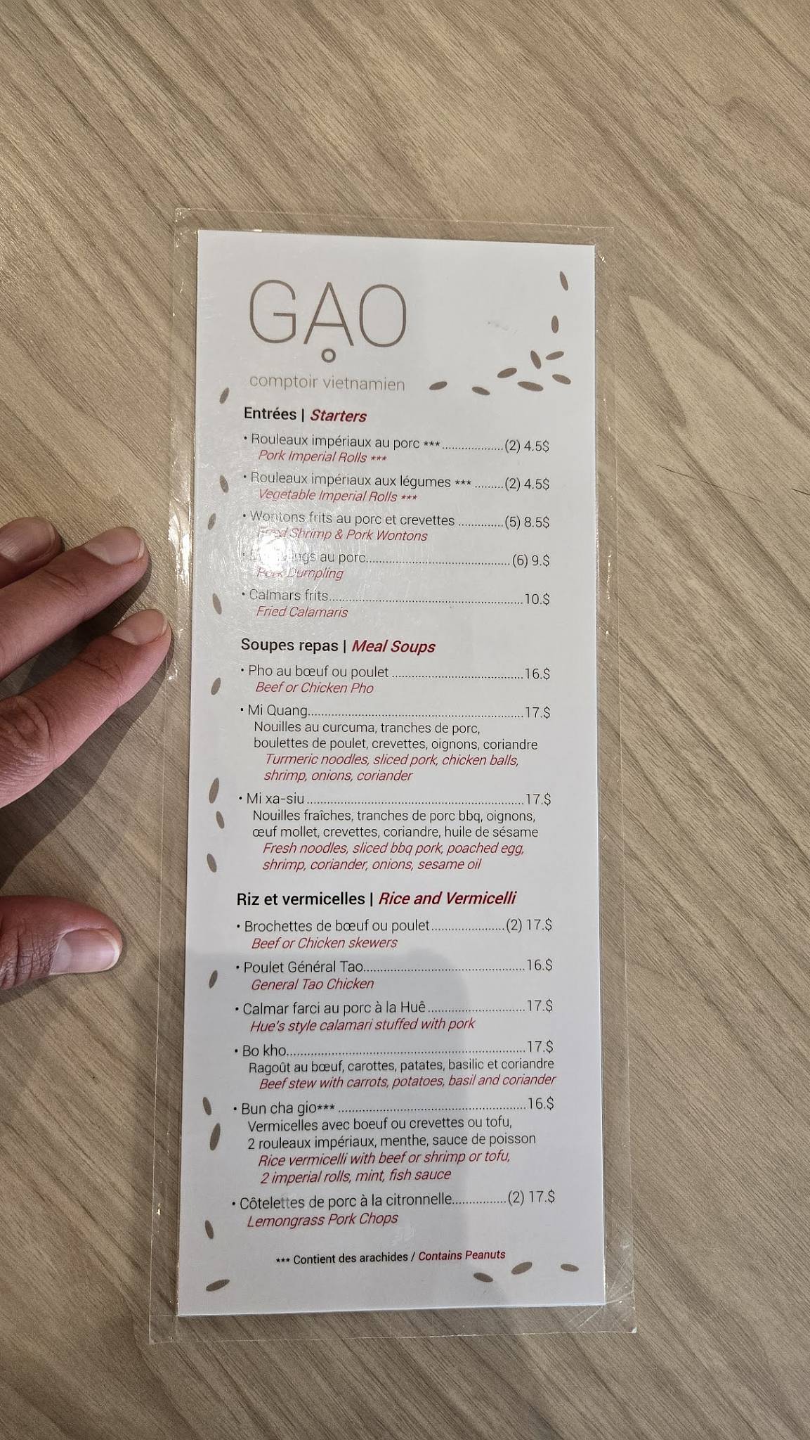 Menu au Gao comptoir vietnamien restaurant, Québec