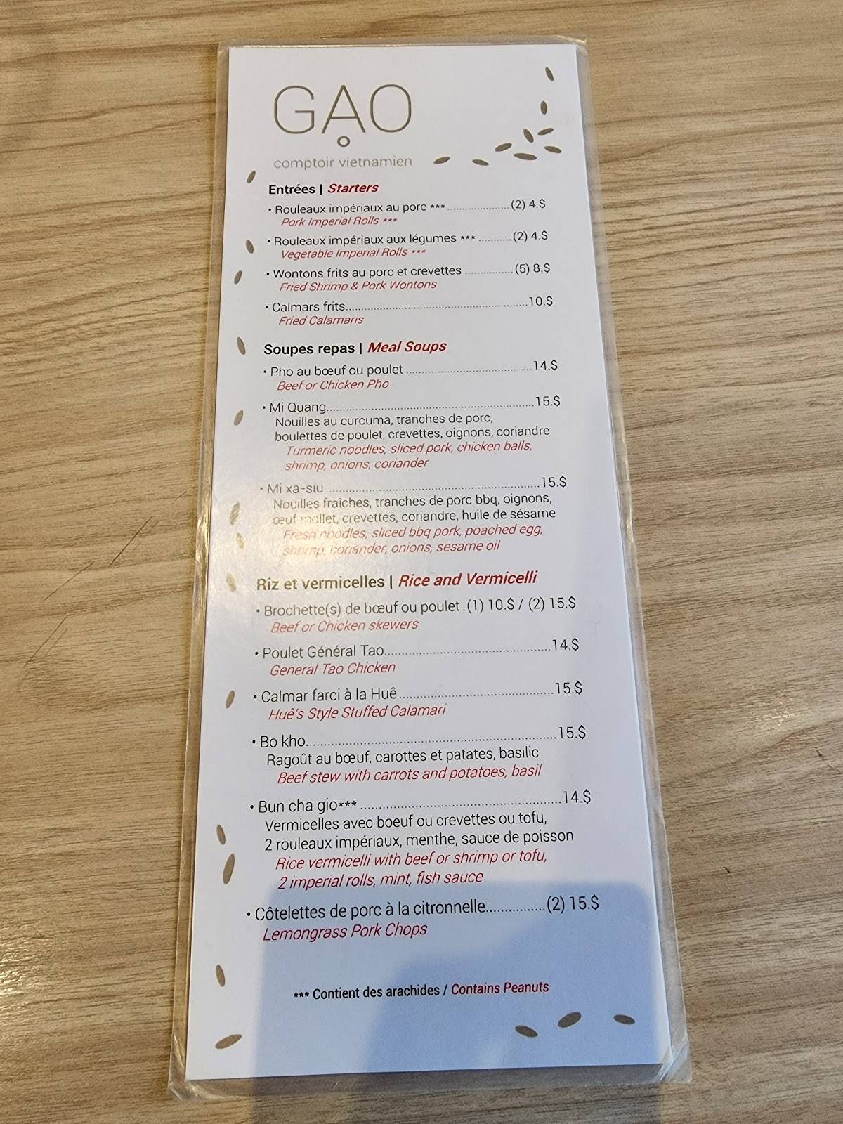 Menu at Gao comptoir vietnamien restaurant, Québec City
