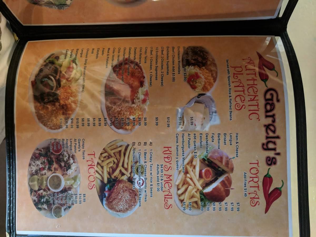 Menu at Garely's Mexican Restaurant Midland, Midland