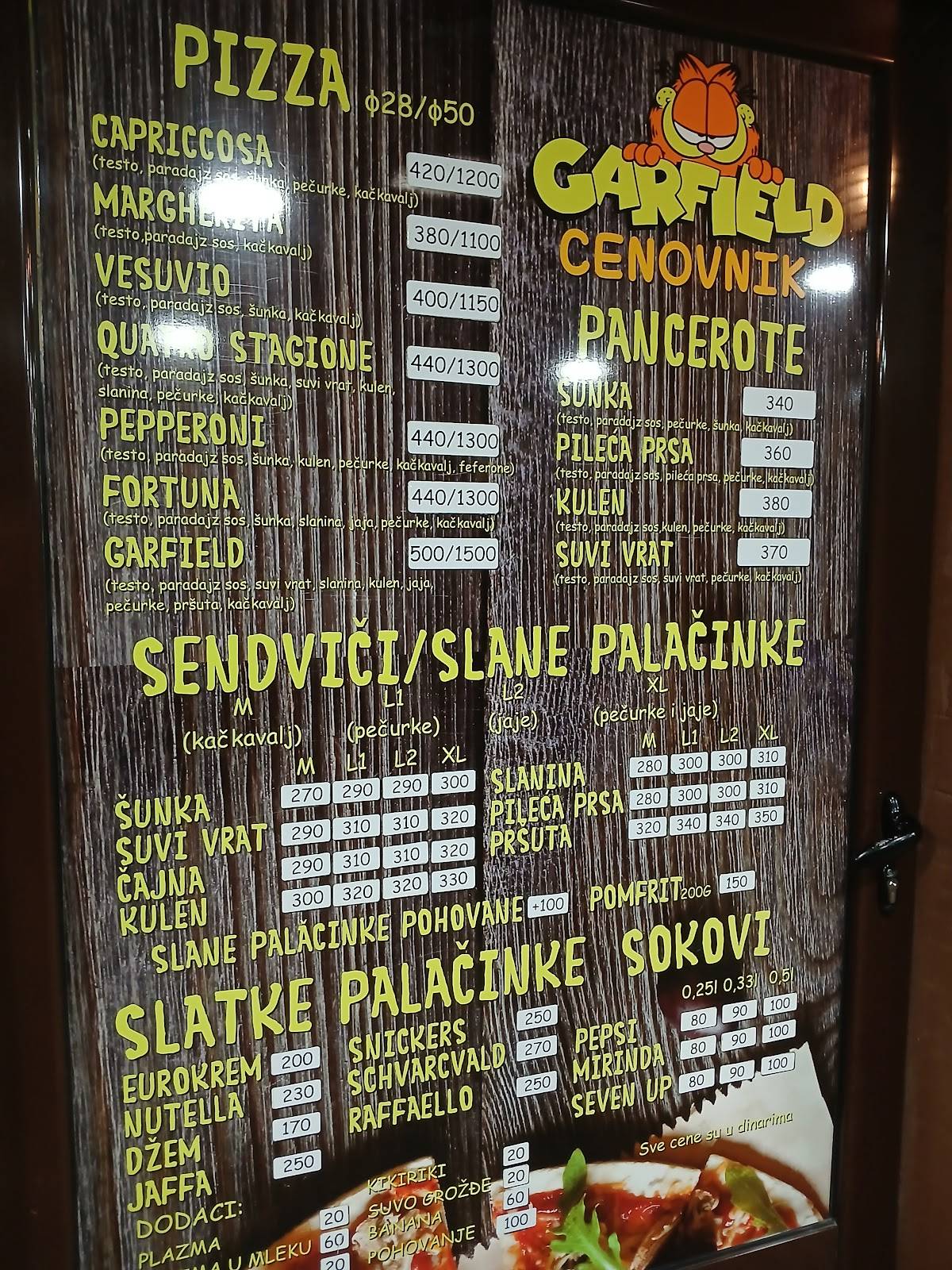 Menu at Garfield Eats restaurant, Bor