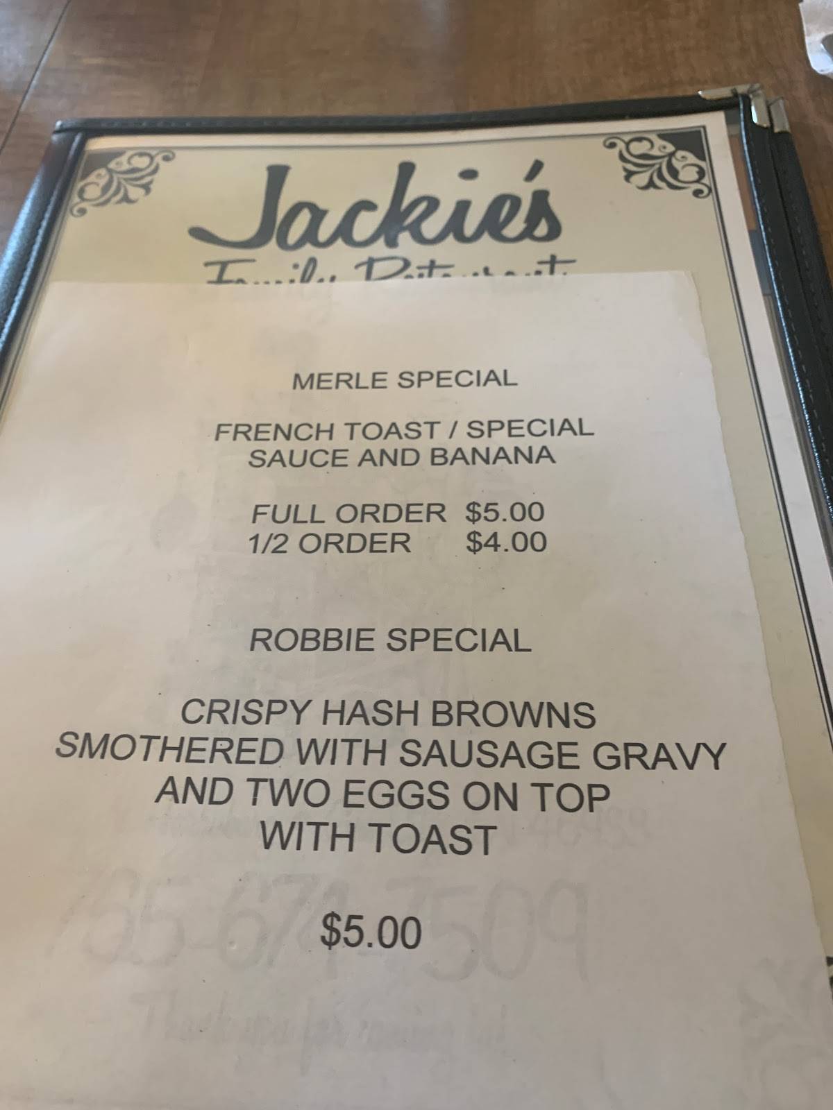 Menu at Jackie's Family Restaurant, Gas City