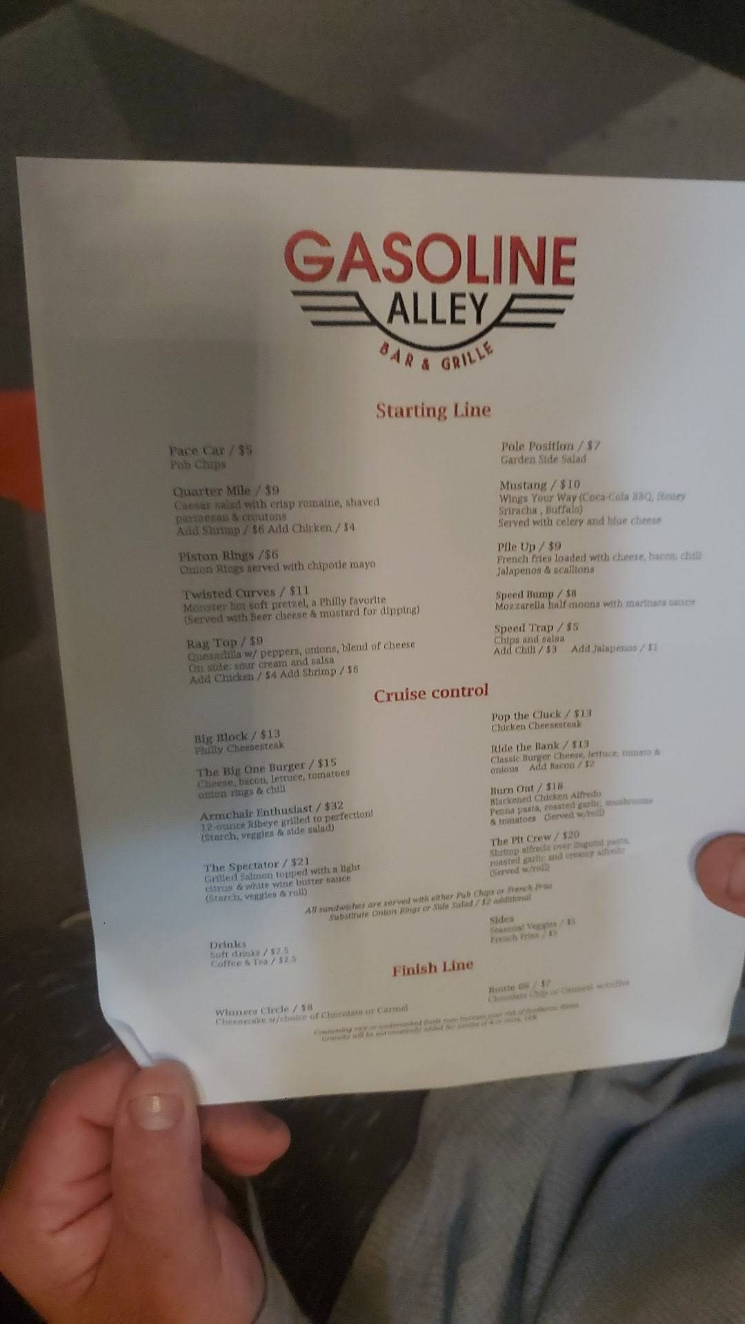 Menu at Gasoline Alley Bar & Grille, Morgantown