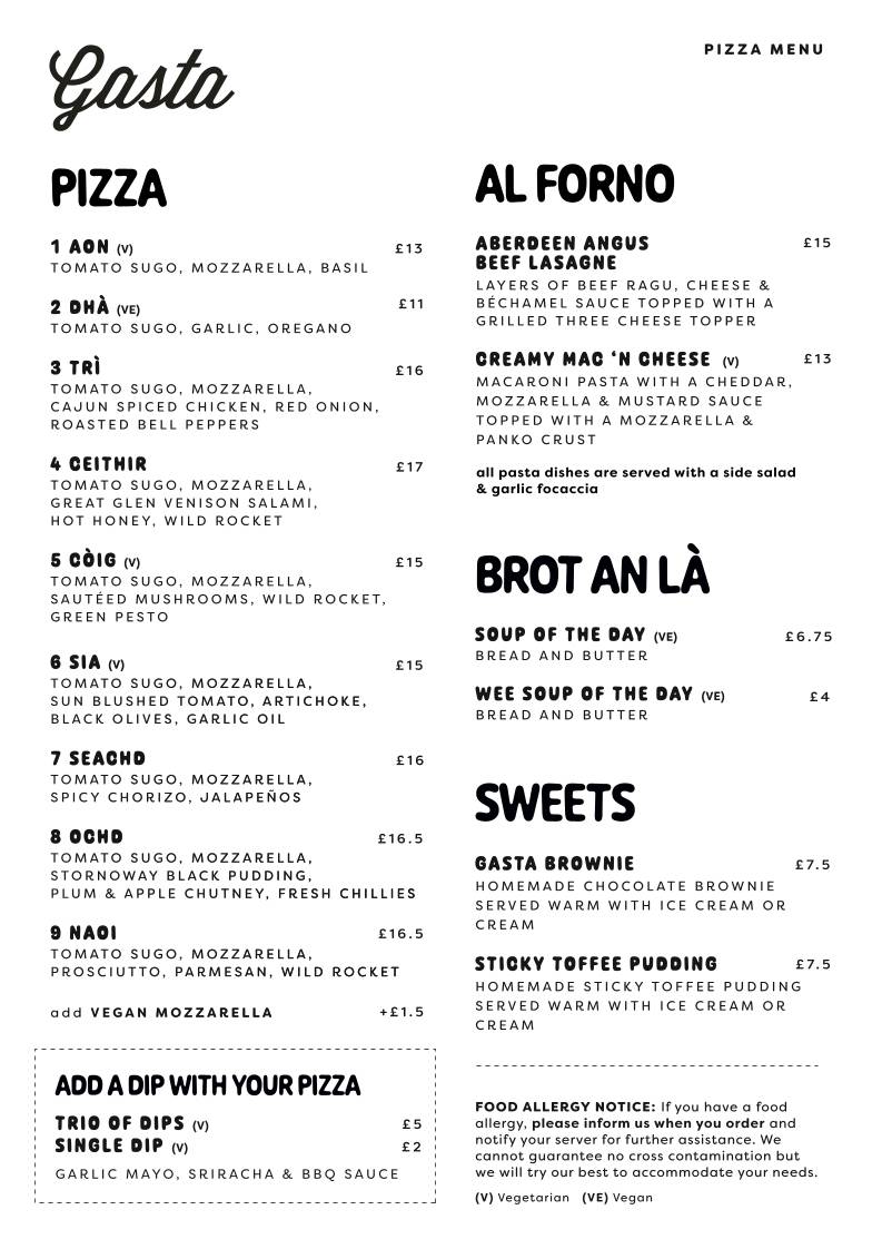 Menu at Gasta - Broadford pub & bar, Broadford