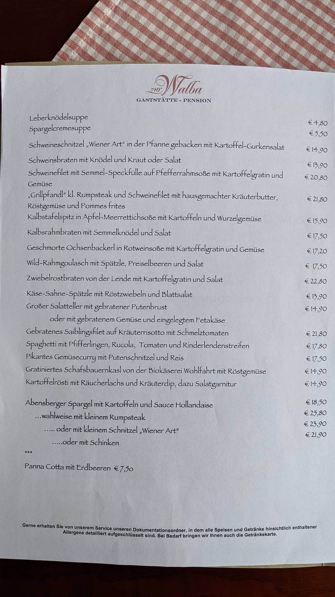 Speisekarte von Zur Walba restaurant, Pentling