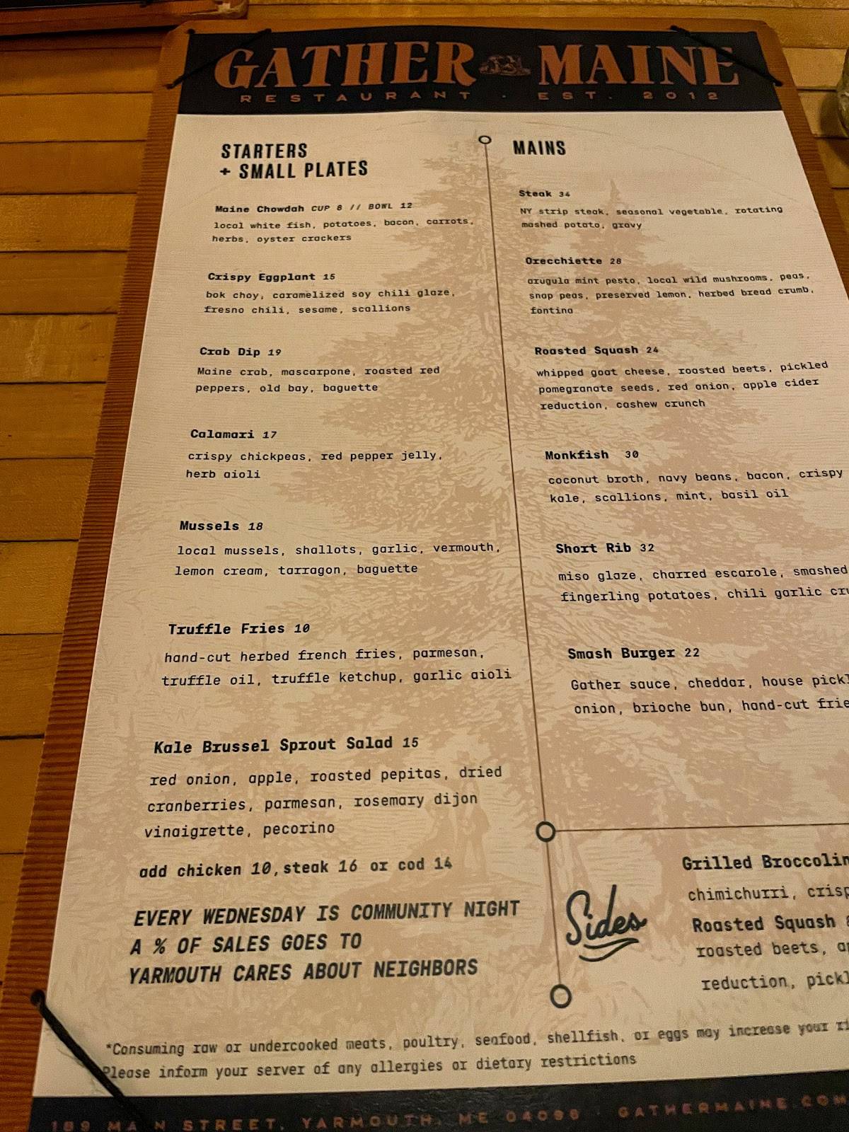 Menu at Gather restaurant, Yarmouth, 189 Main St