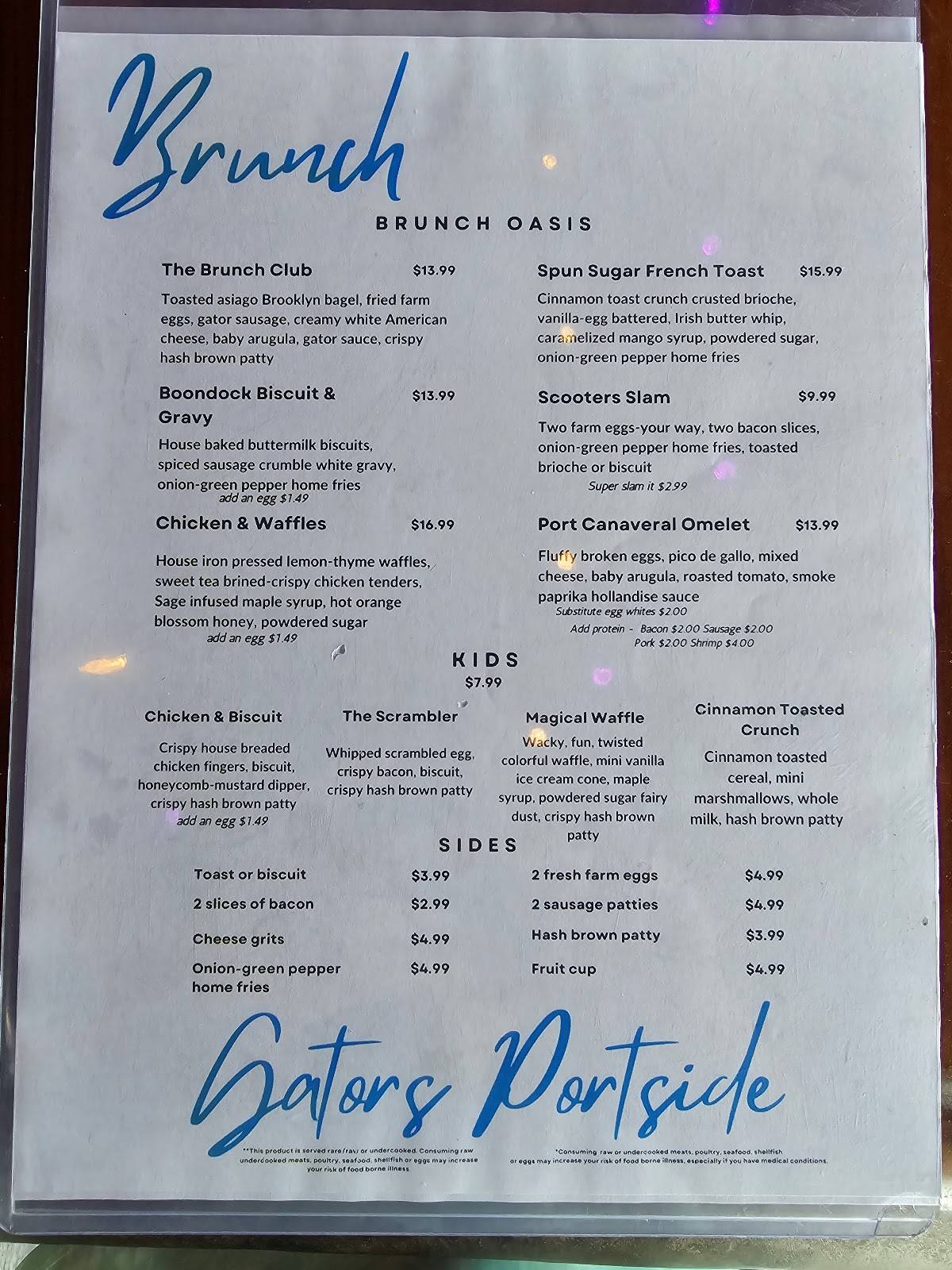 Menu at Gator's Portside Port Canaveral restaurant, Port Canaveral
