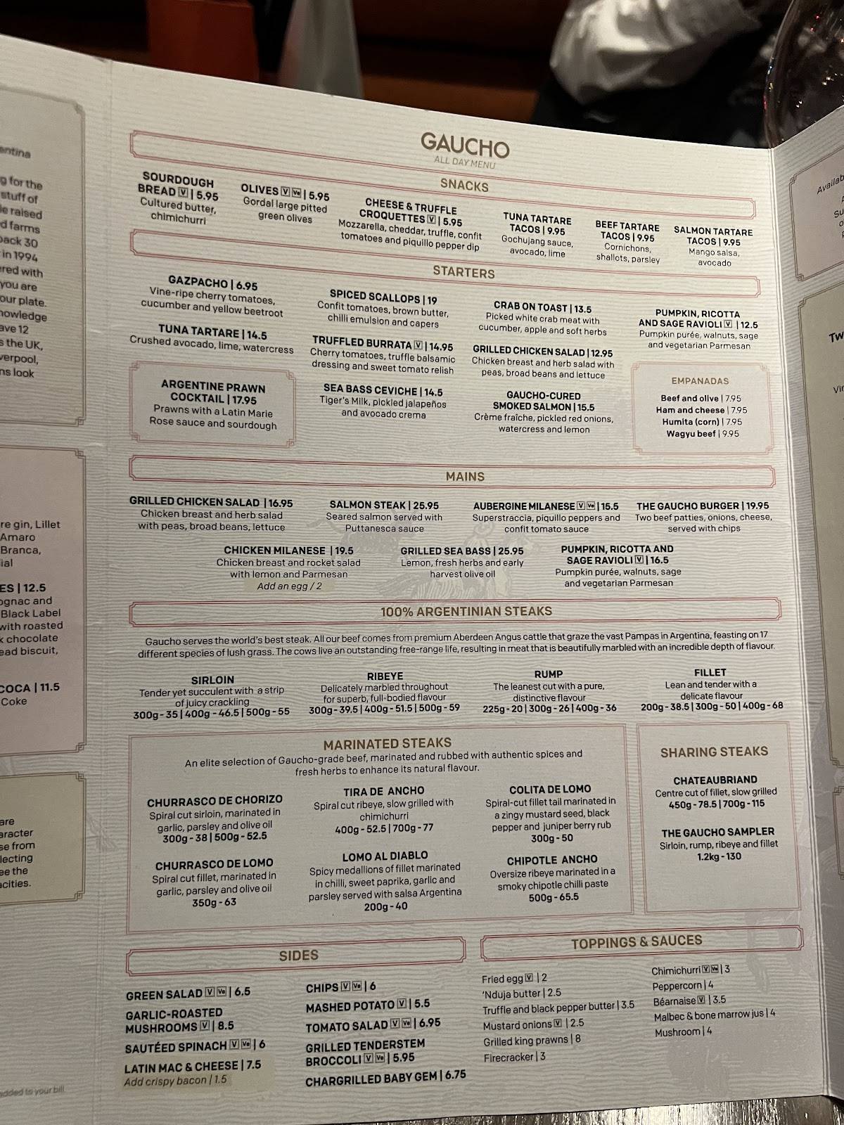 Menu at Gaucho City steakhouse, London, 1 Bell Inn Yard