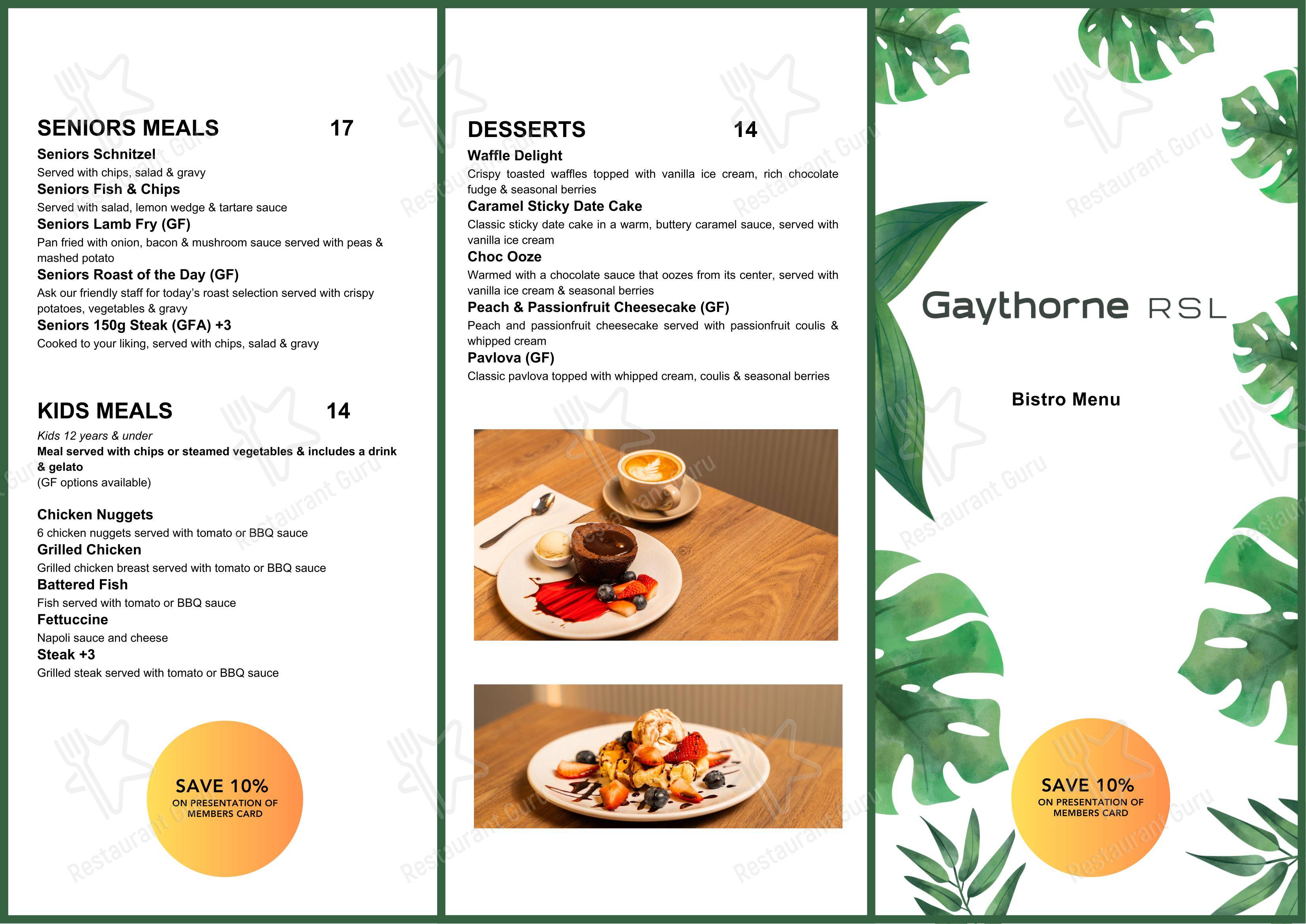 Menu at Gaythorne RSL restaurant, Mitchelton