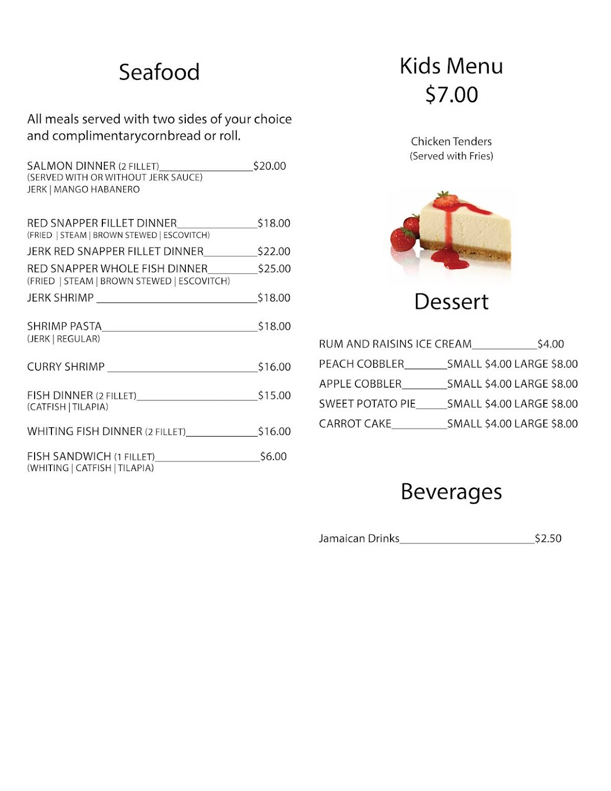 Menu at Gee's Caribbean Style restaurant, Cincinnati