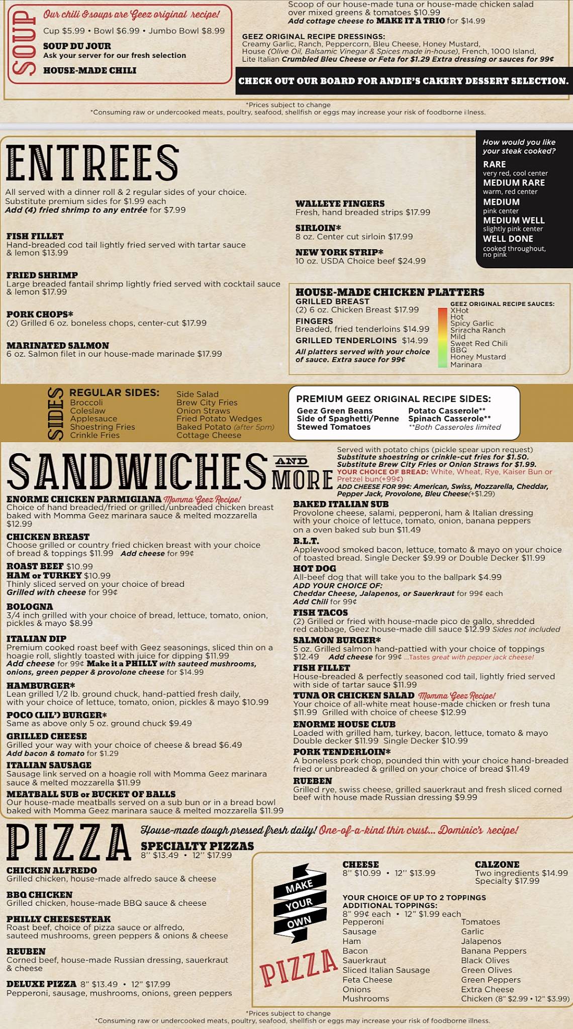 Menu at Geez Grill & Pub, Dayton