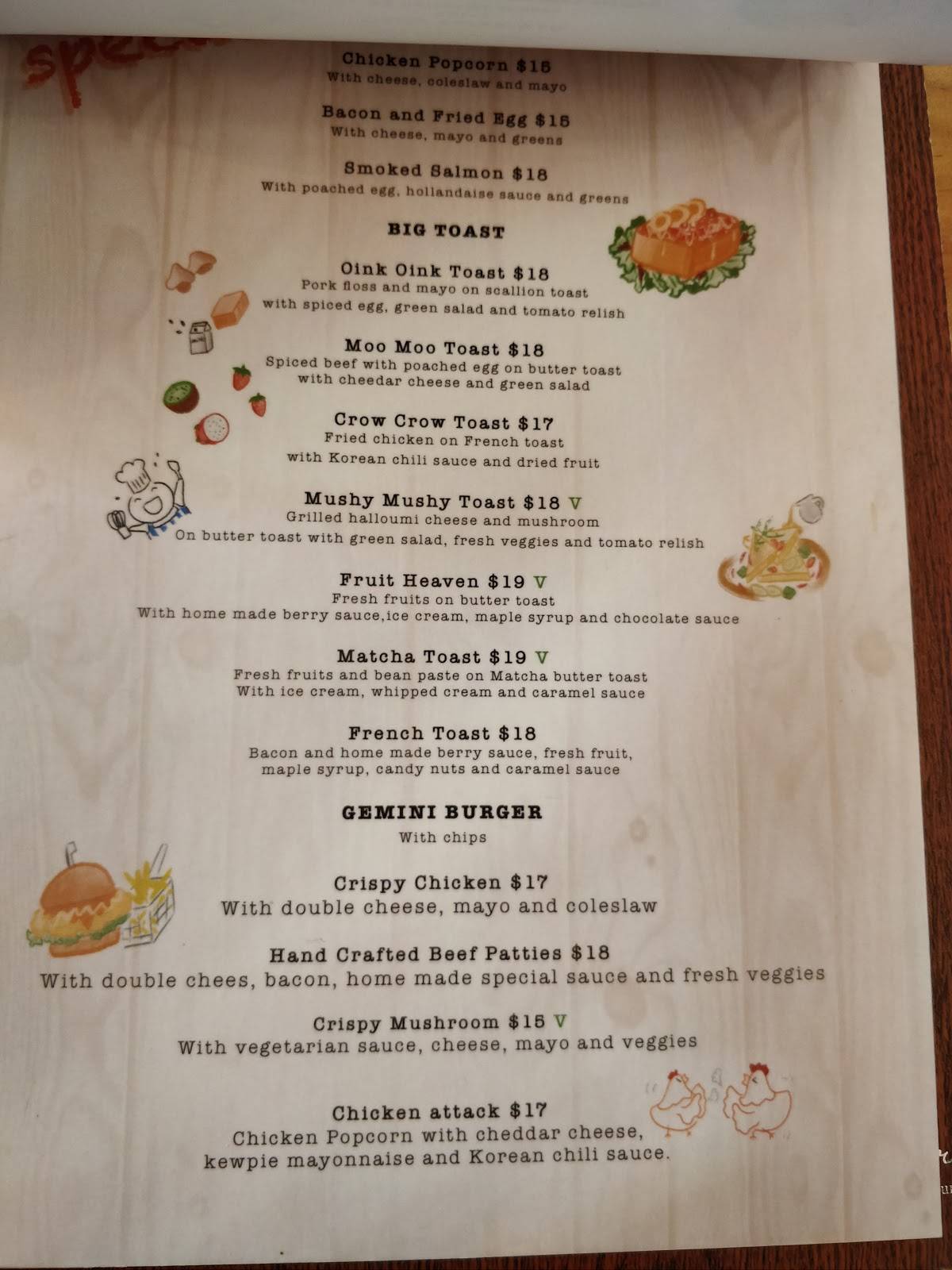 Menu at Gemini Cafe & Eatery, Wellington
