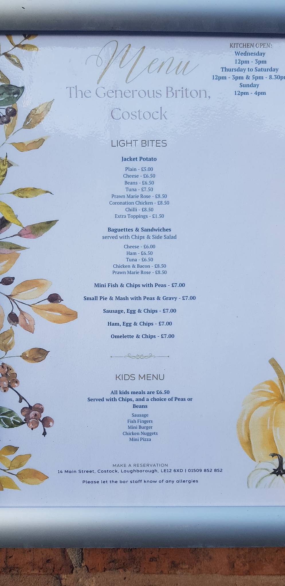 Menu at Generous Briton pub & bar, Costock, 14 Main St