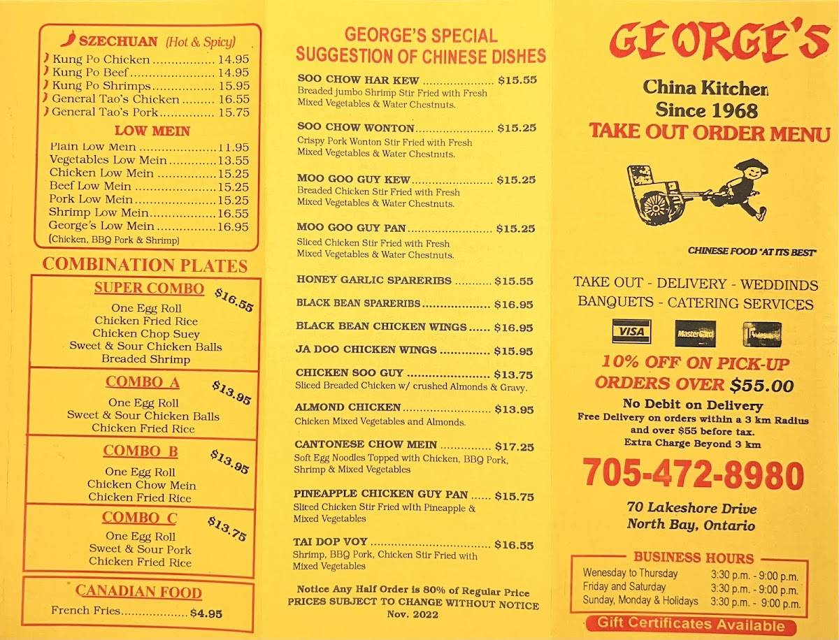 Menu at George's China Kitchen restaurant, North Bay