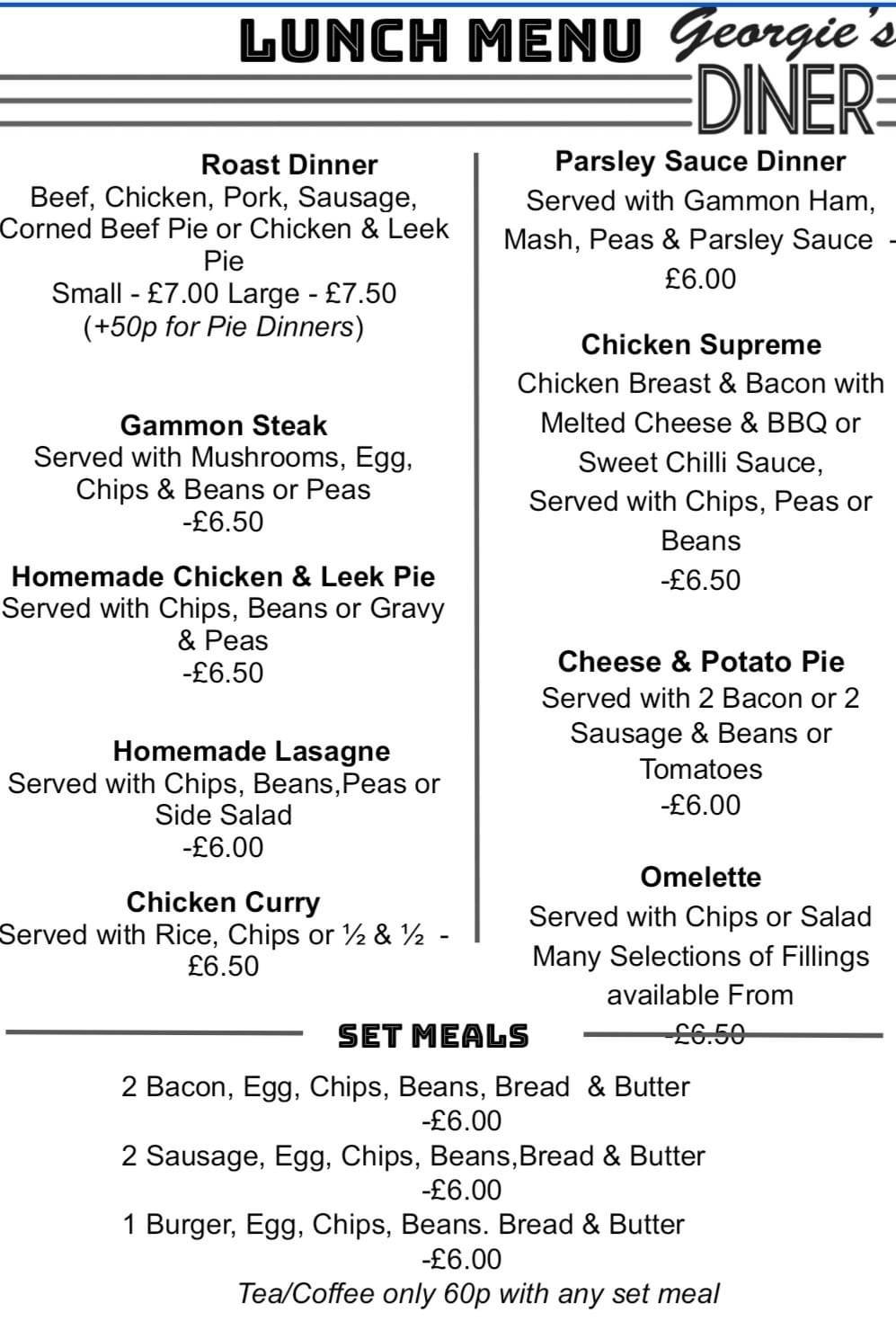 Menu at Georgie's Diner cafe, Pyle