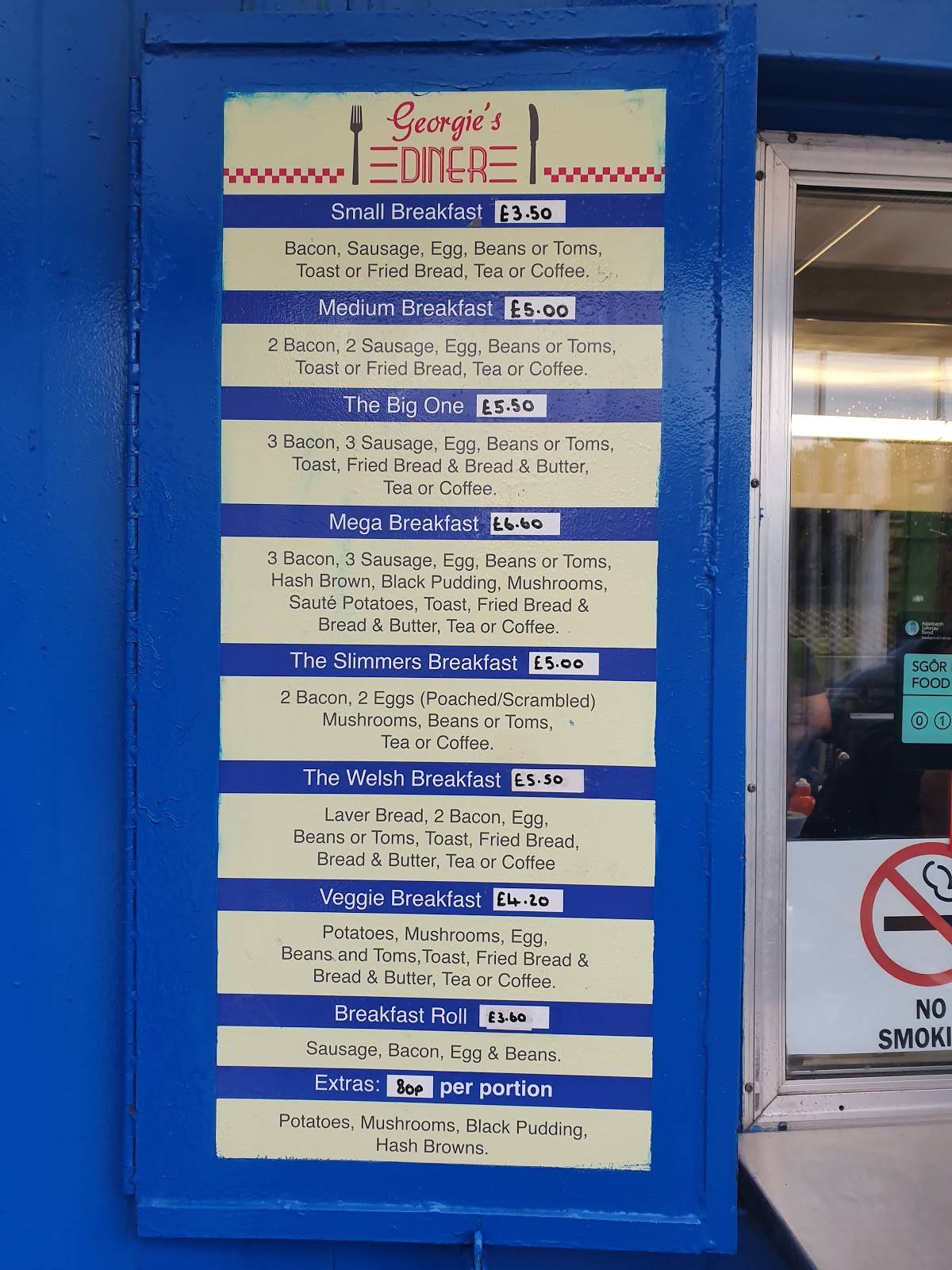 Menu at Georgie's Diner cafe, Pyle