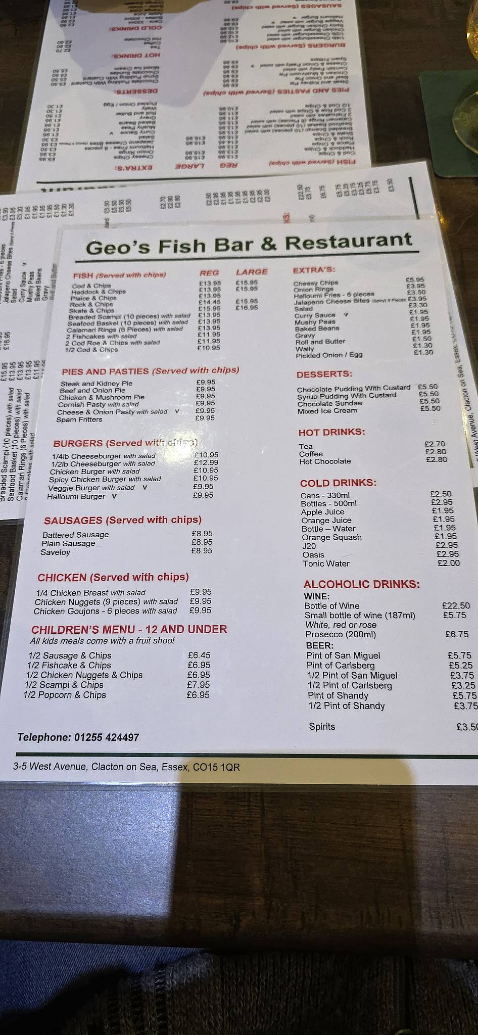 Menu at Geo's Fishbar, Clacton-on-Sea