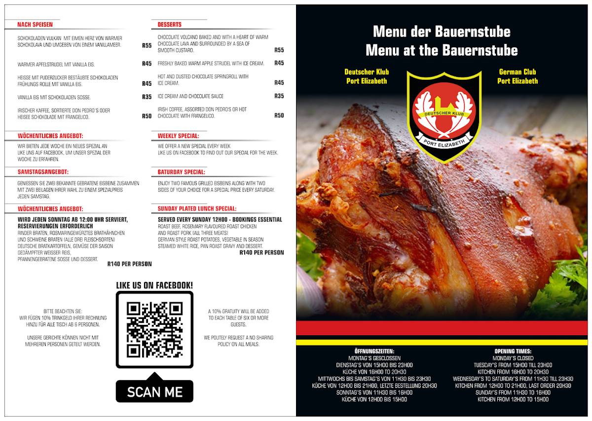 Menu at German Club Port Elizabeth, Port Elizabeth