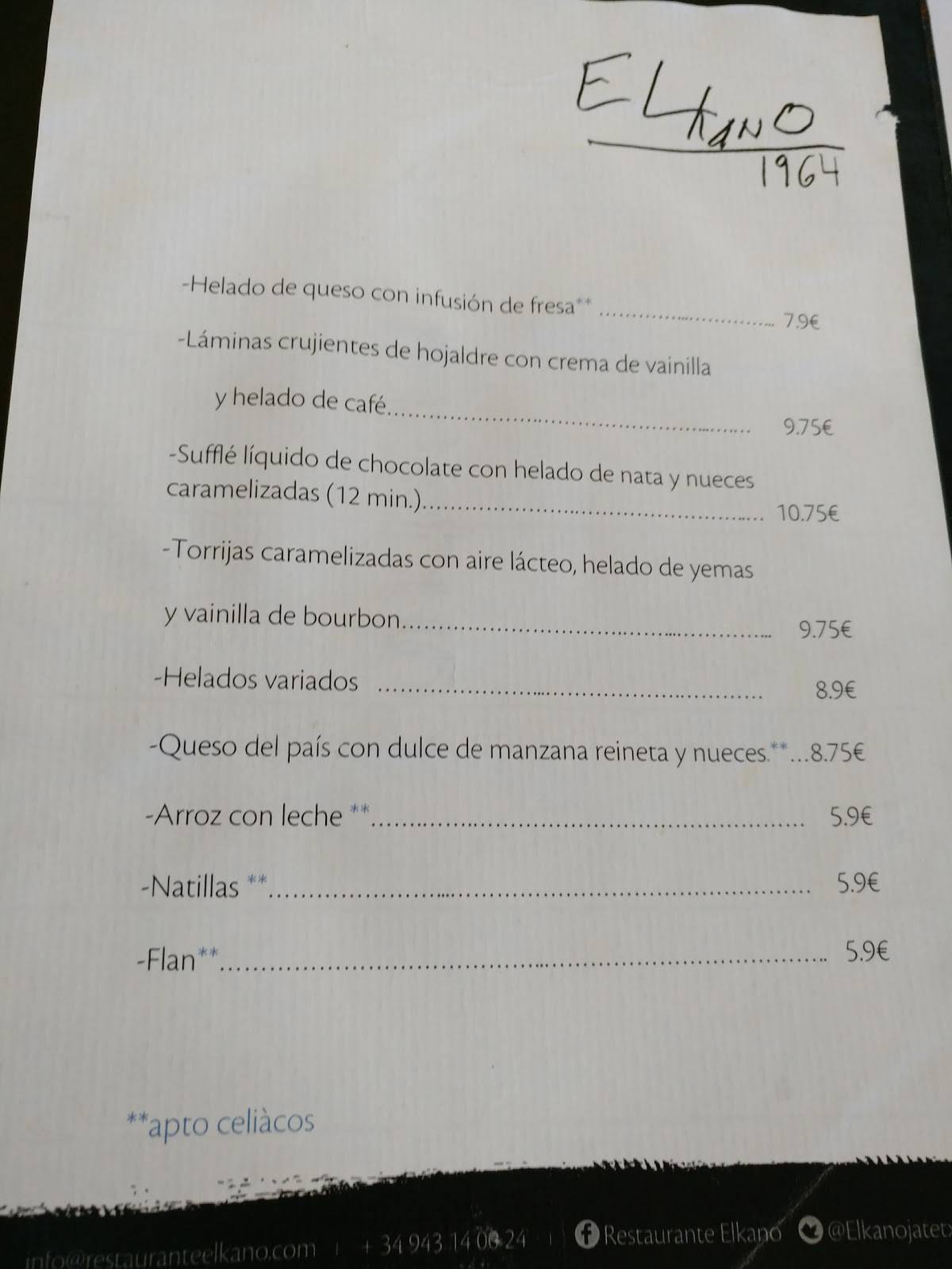Menu at ELKANO steakhouse, Getaria, Herrerieta Kalea