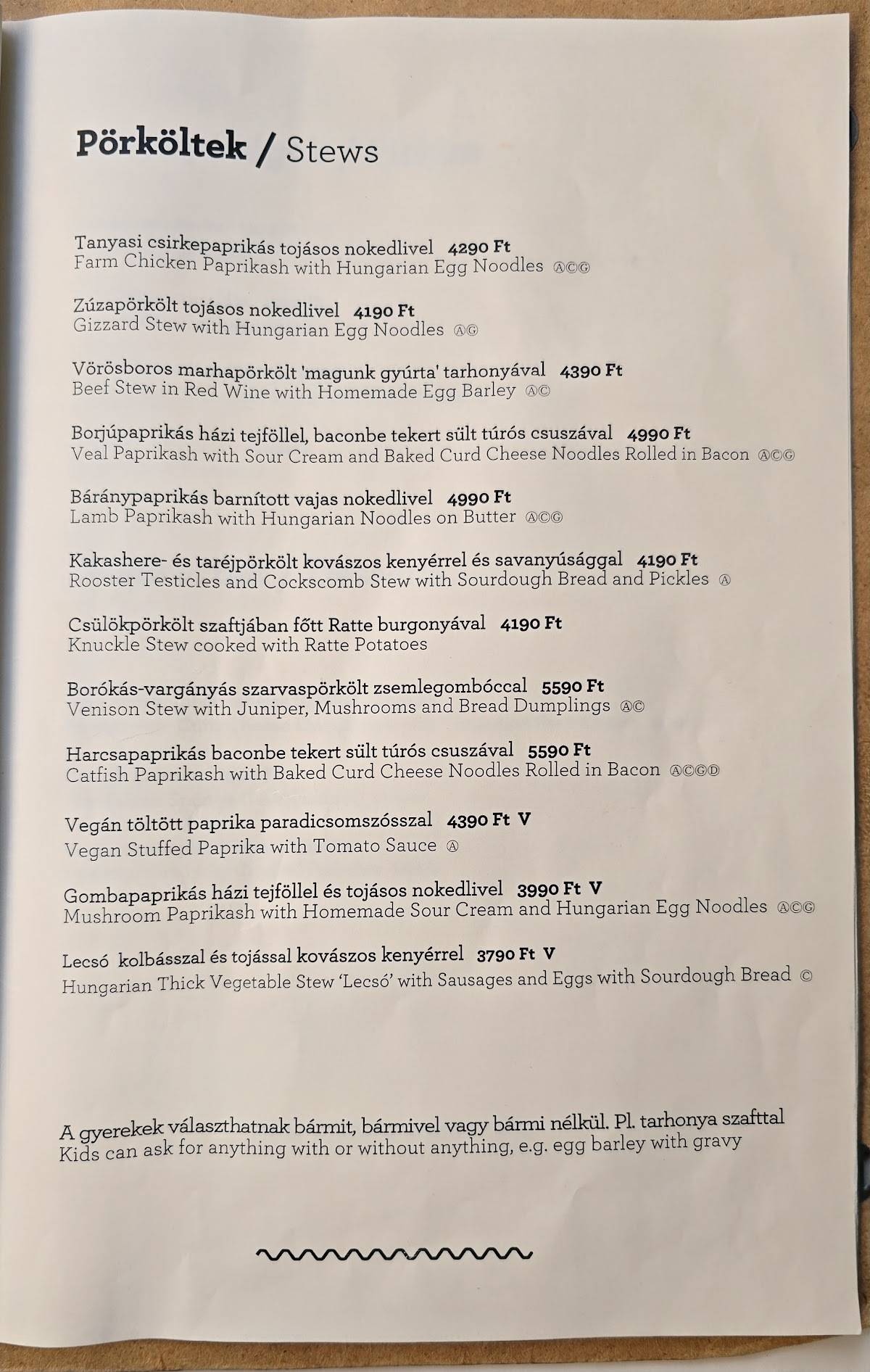 Menu at Gettó Gulyás restaurant, Budapest