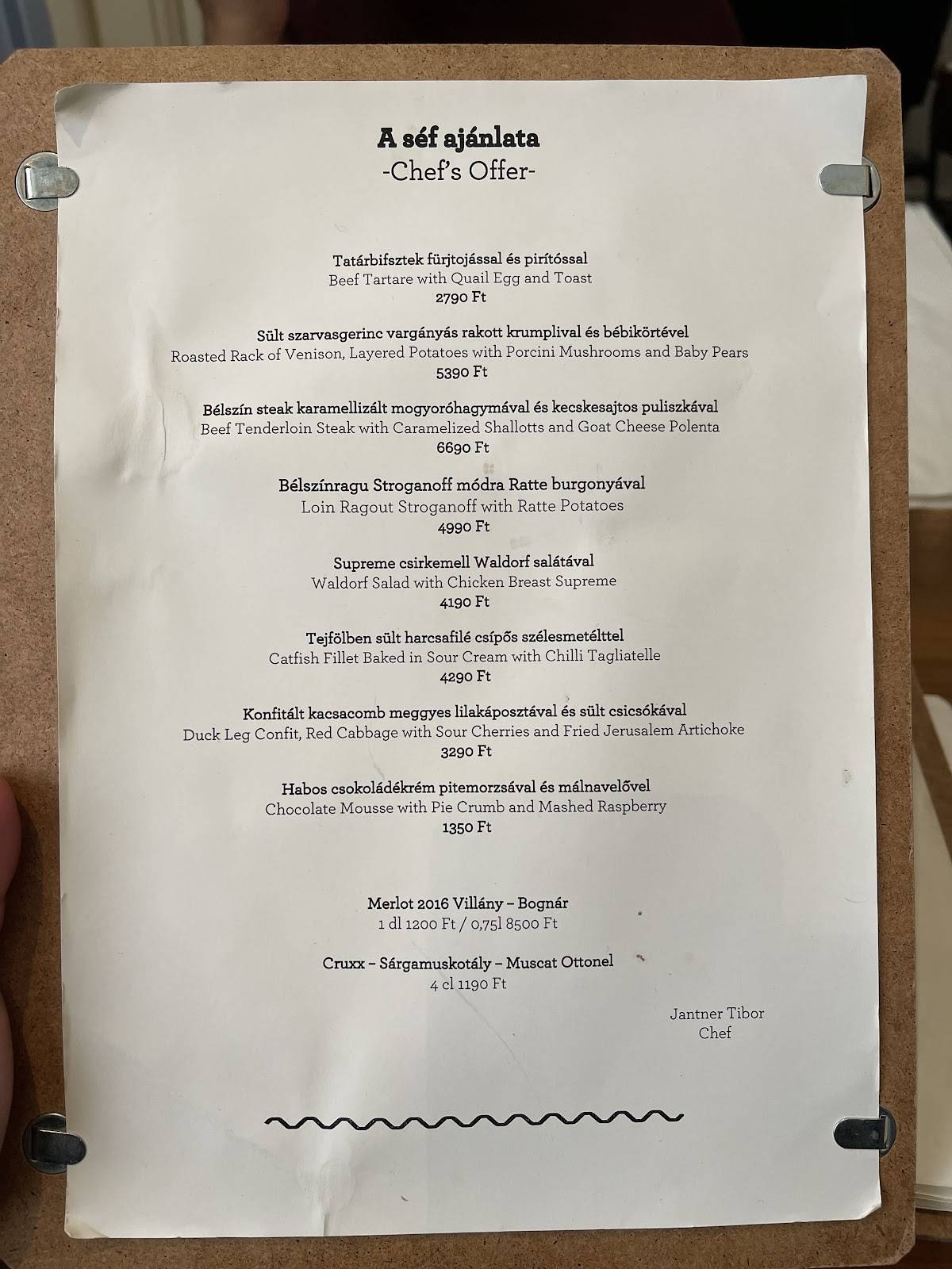 Menu at Gettó Gulyás restaurant, Budapest