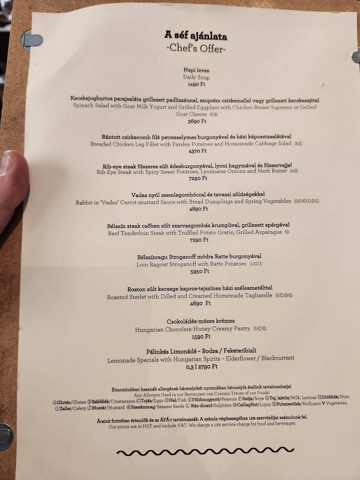 Menu at Gettó Gulyás restaurant, Budapest