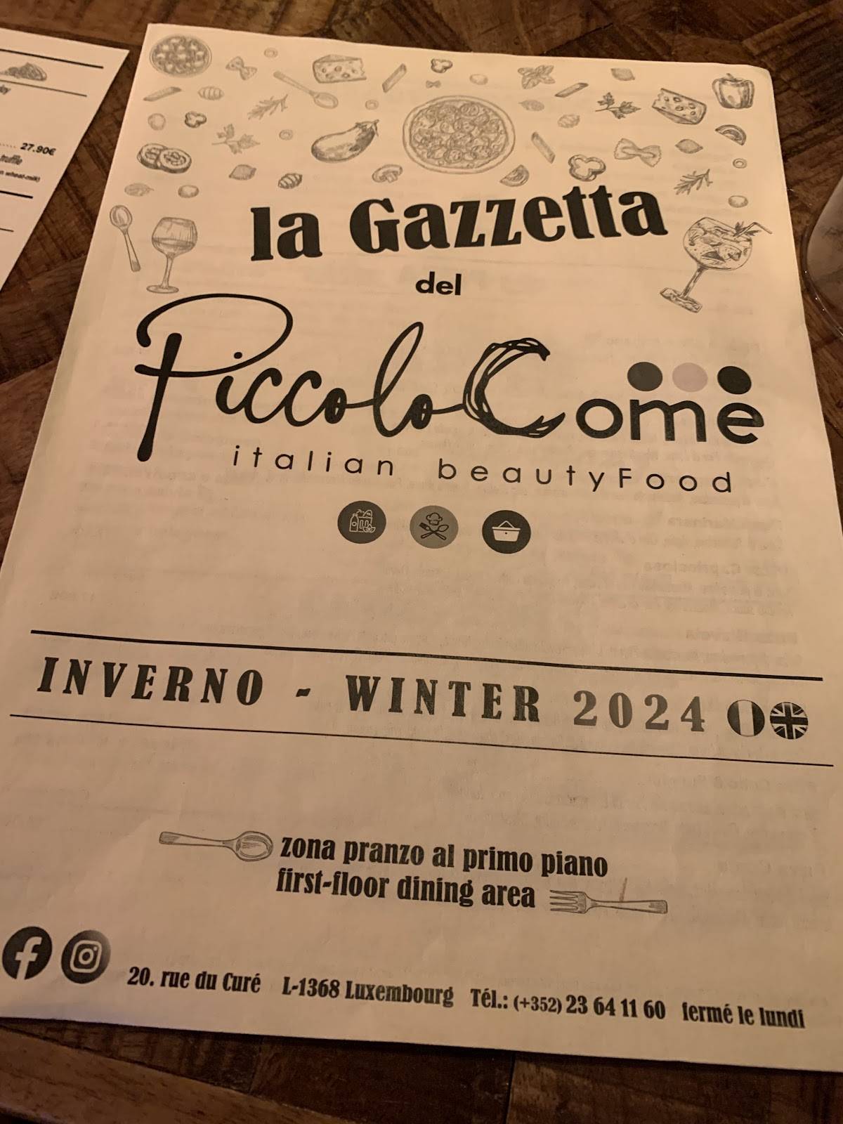 Menu at Giallo restaurant, Luxembourg City