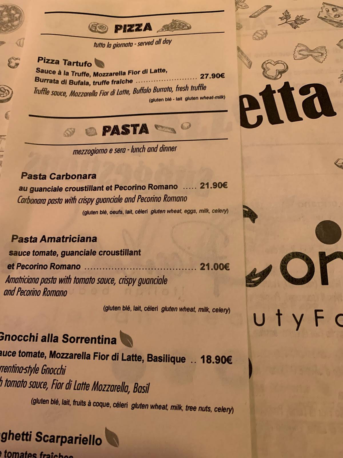 Menu at Giallo restaurant, Luxembourg City