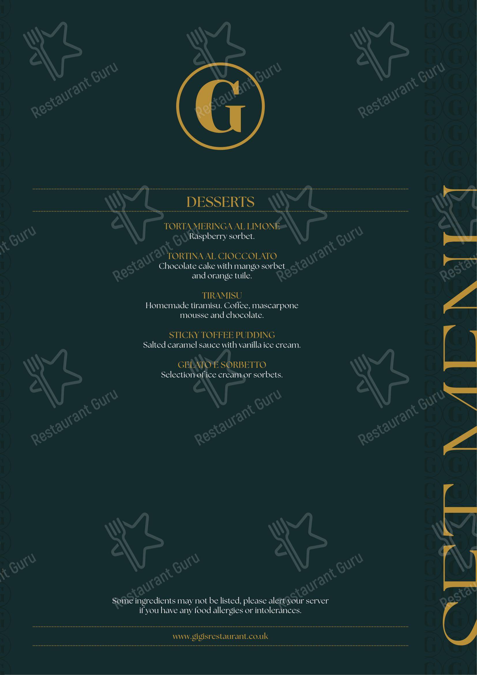 Menu at Gigi's Italian Restaurant, Bonnyrigg