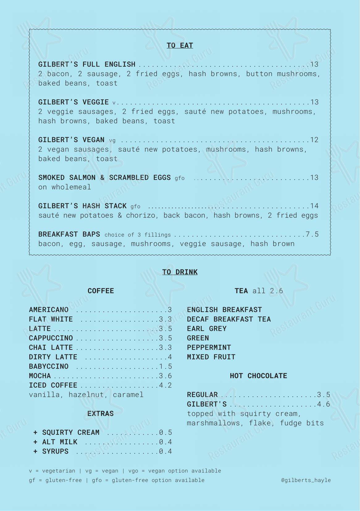 Menu at Gilbert's Beach Bar & Kitchen, Hayle