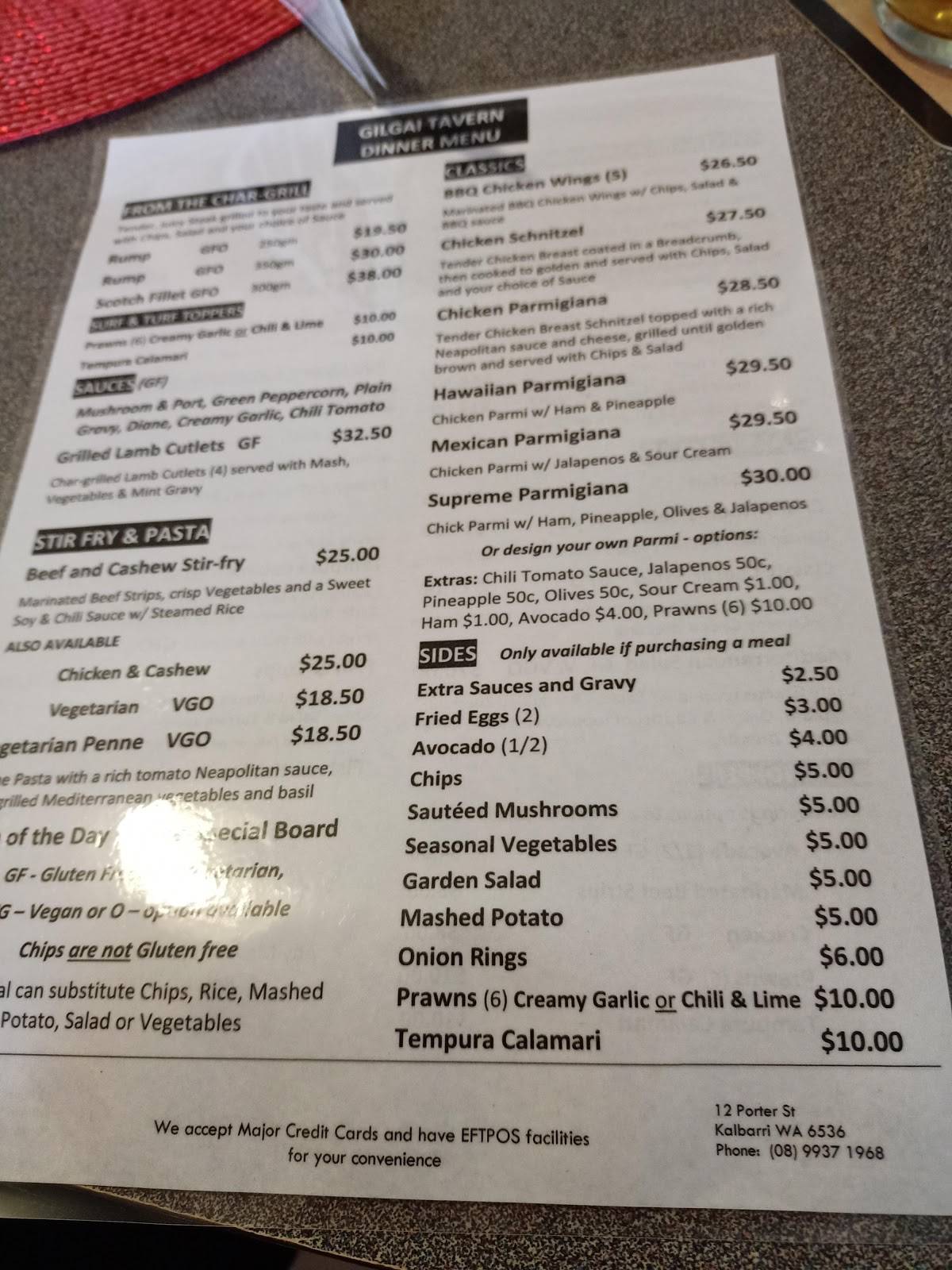Menu at Gilgai Tavern pub & bar, Kalbarri