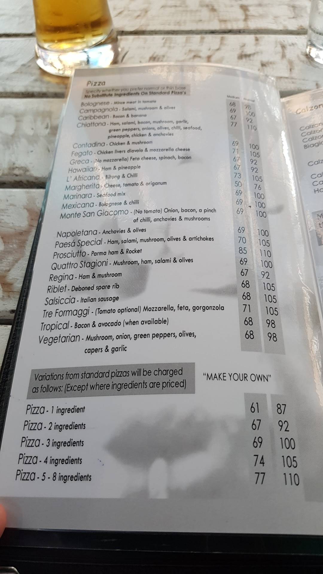 Menu at Gino's restaurant, Stellenbosch, De Kelder