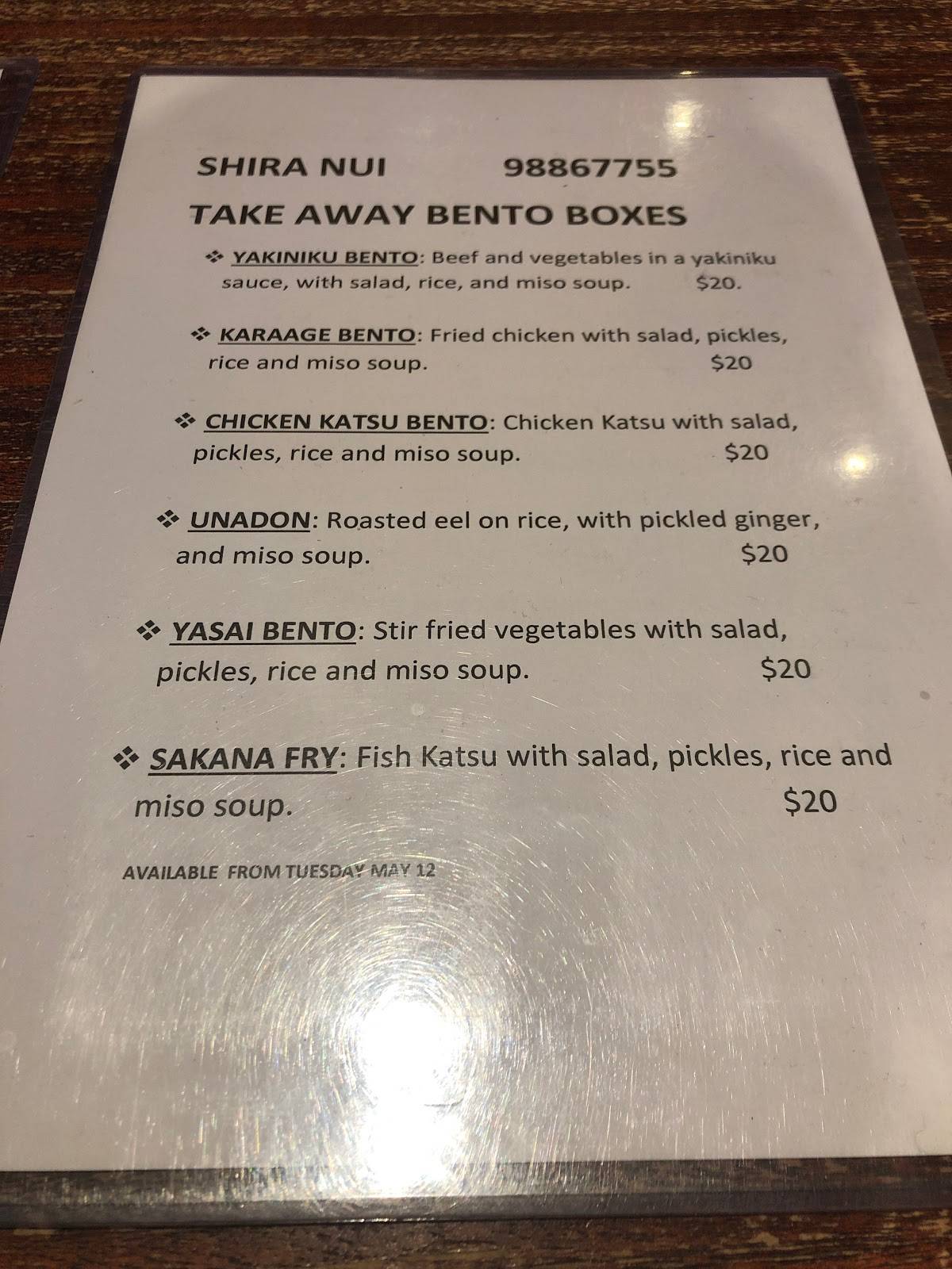 Menu at Shira Nui restaurant, Glen Waverley