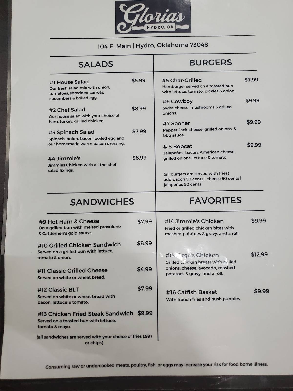 Menu at Gloria's restaurant, Hydro