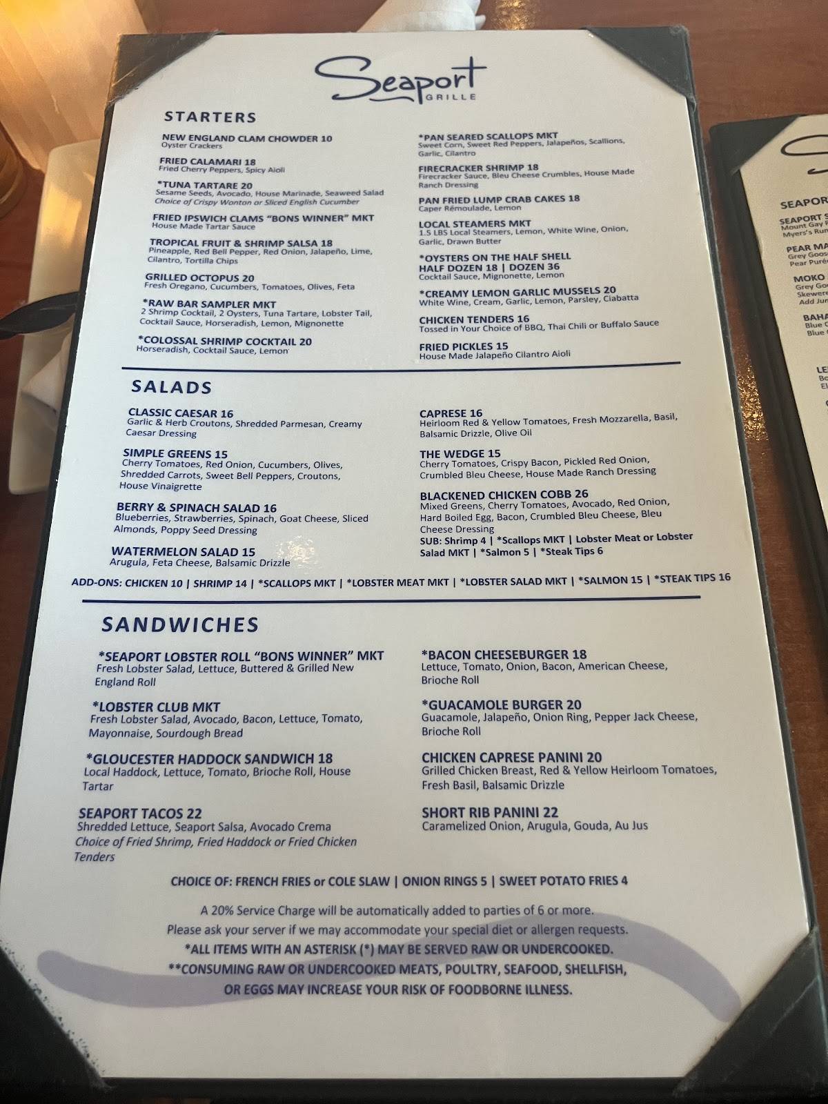 Menu at Seaport Grille restaurant, Gloucester, 6 Rowe Sq